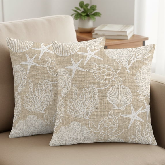 Beige Summer Pillow Covers Set of 2, Sea Turtle Starfish Coral Ocean ...