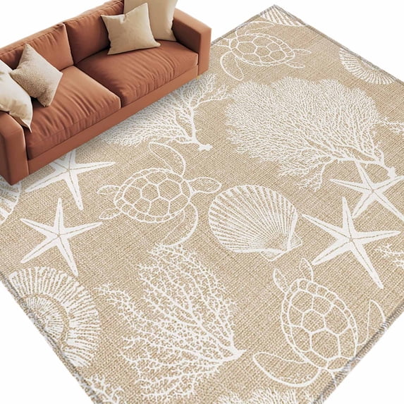 Beige Summer Rectangle Area Rug 8x10 ft Sea Turtle Starfish Coral Ocean ...