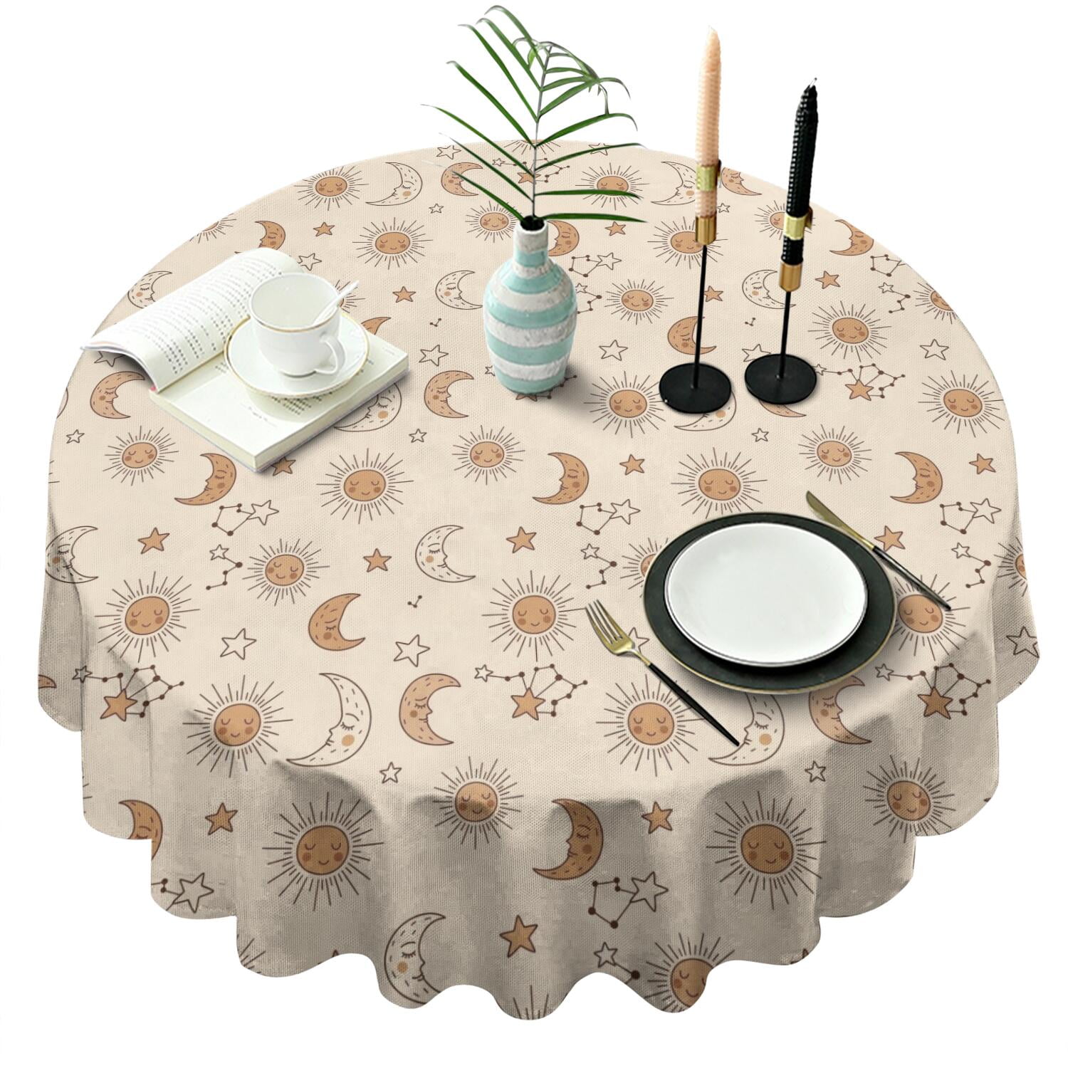 Beige Sun Moon Star Constellation Pattern Round Tablecloth 60"x60 ...