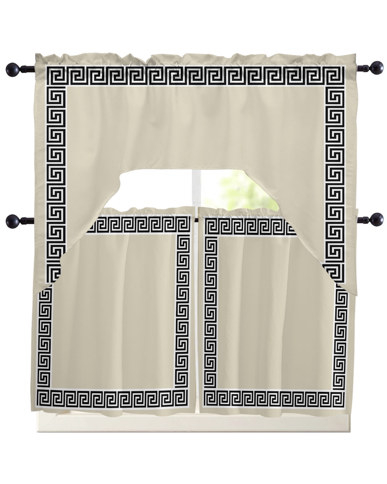 Beige Swag Valance and Tier Curtains Set Greek Chinese Style Border ...