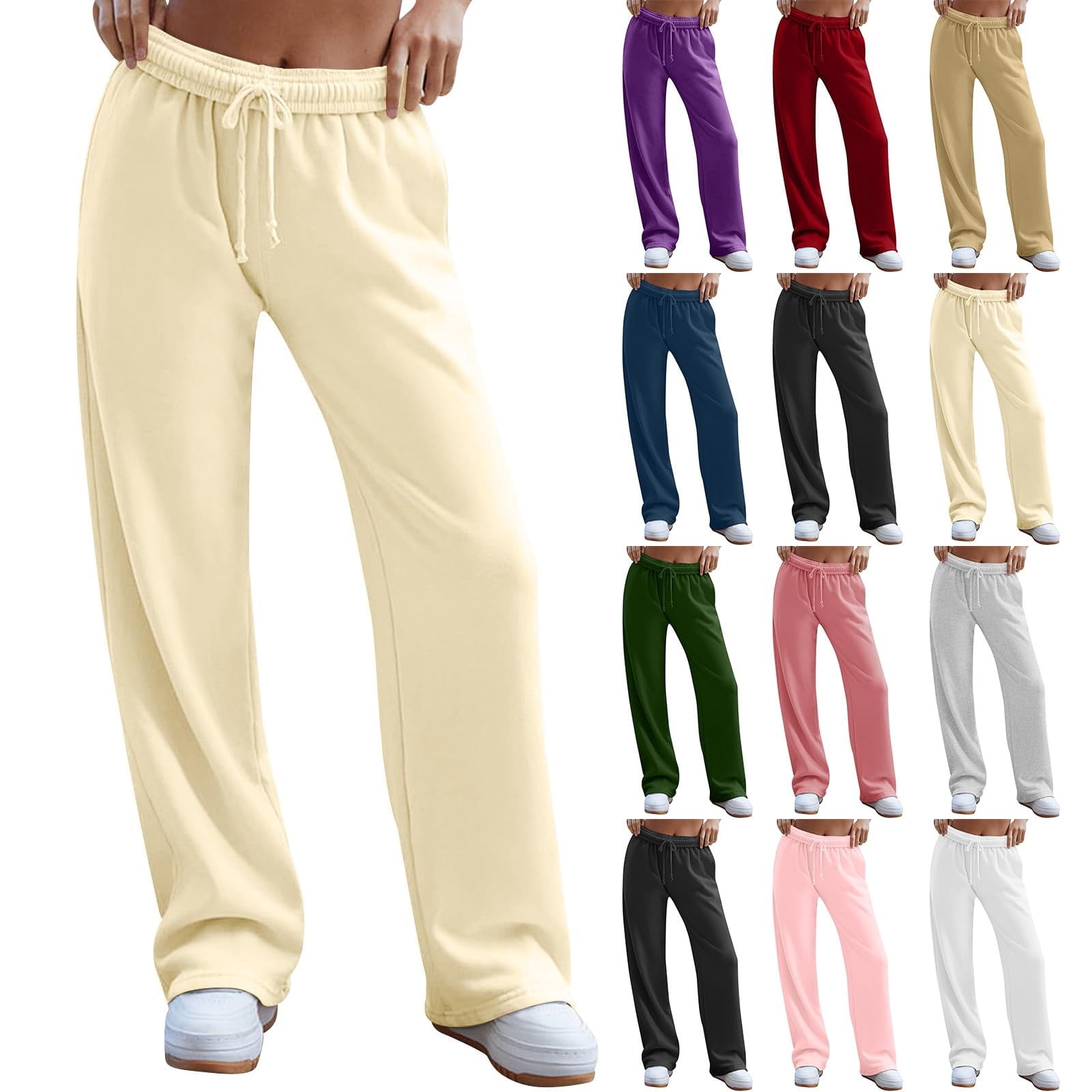 Beige Sweatpants Women's Wide Leg Inside Drawstring Loose Sweatpants ...