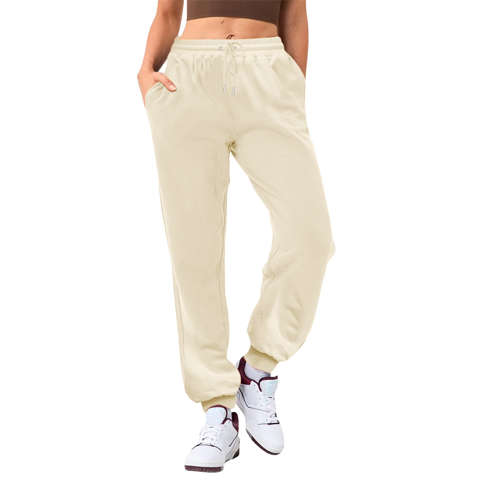 Beige Sweatpants Women Ladies Solid Color Drawstring Elastic Waist ...