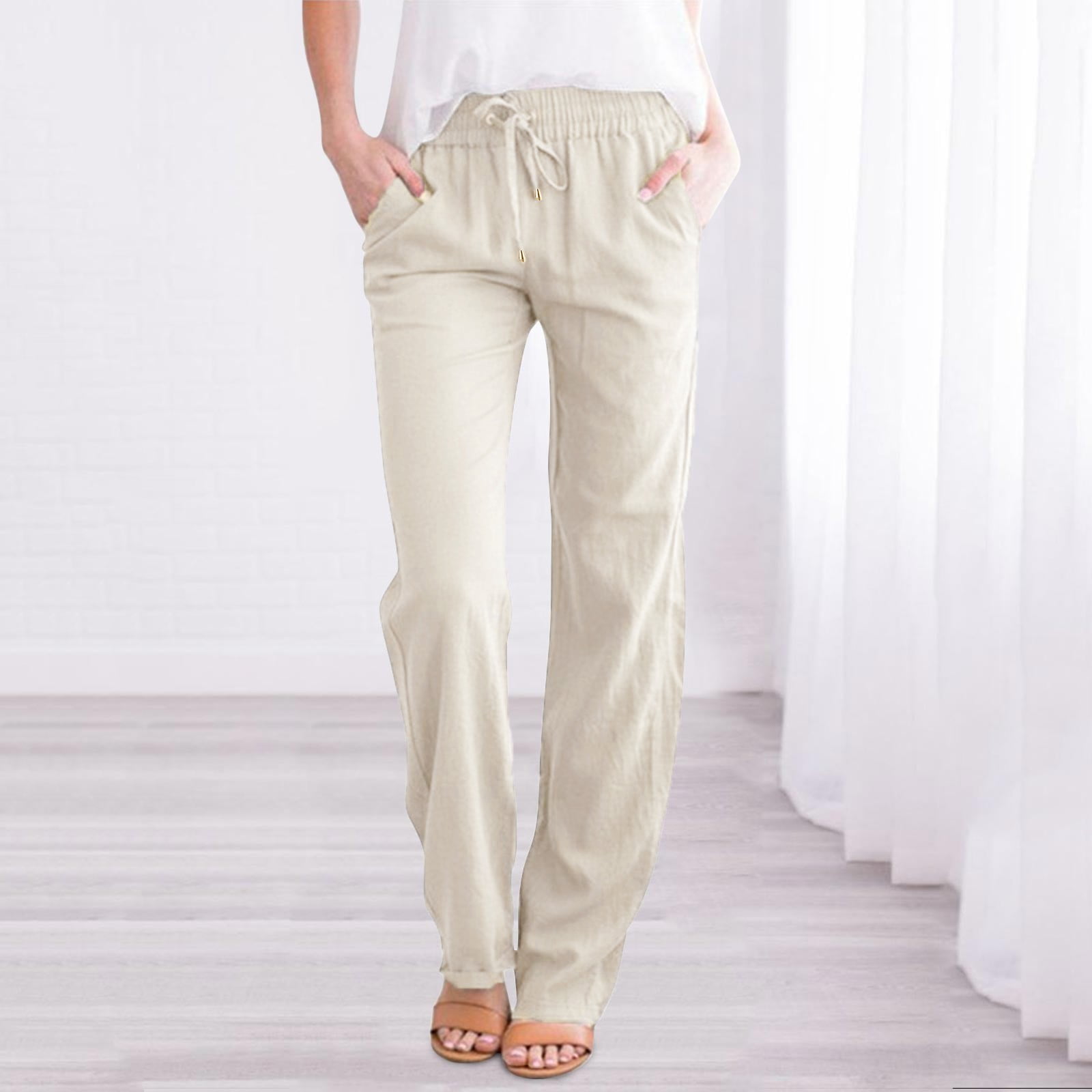 Beige Sweatpants Womens Wide Leg Yoga Pants High Waisted Tie Knot ...