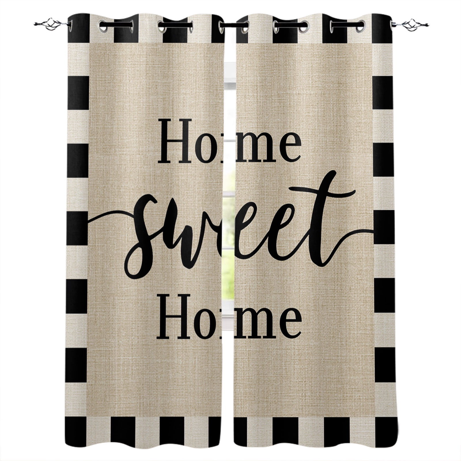 Beige Sweet Home Kitchen Curtains Modern Art Black Checkered Rustic ...