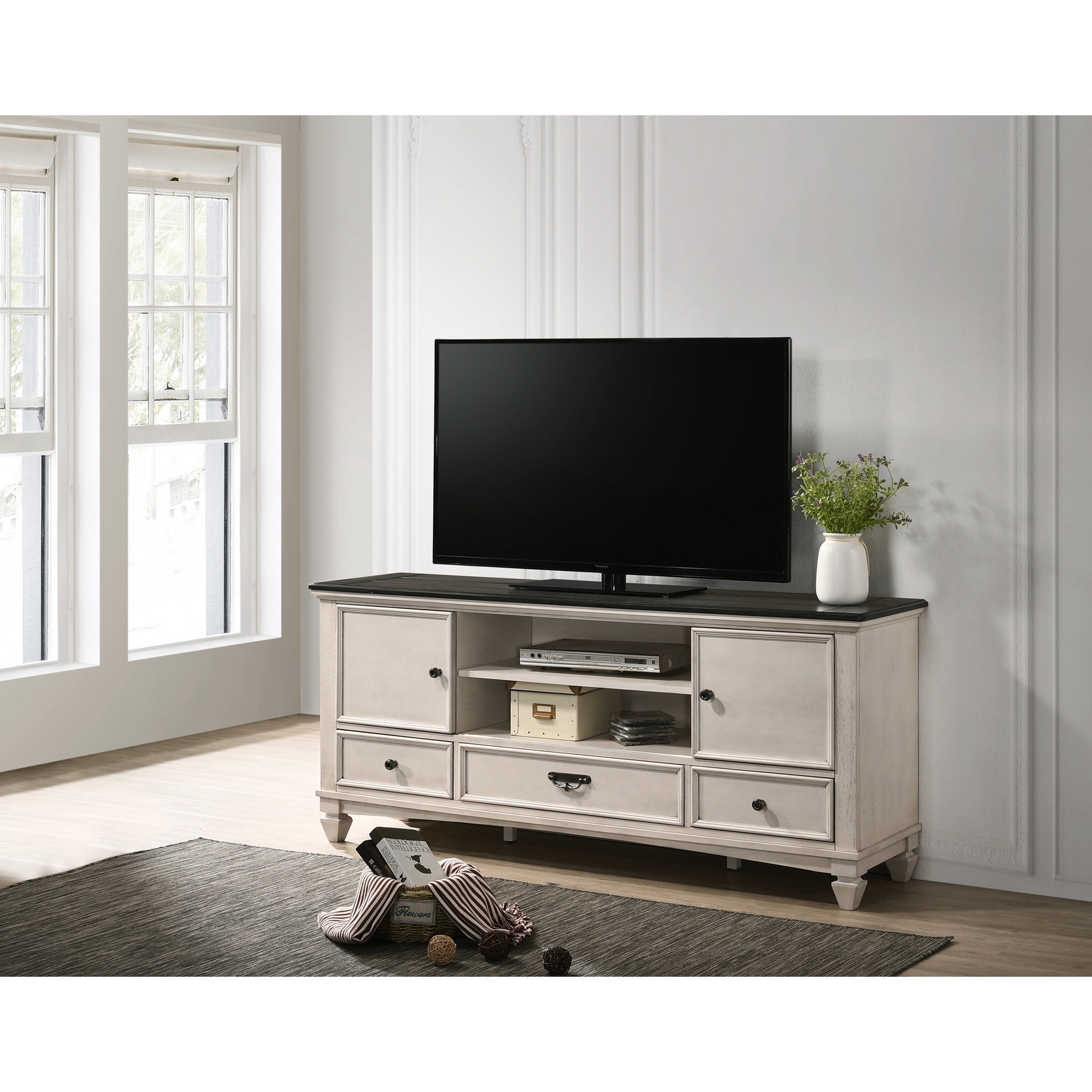 Beige TV Stand | 2 Toned Finish with Sliding Doors | Faux Plank Top ...