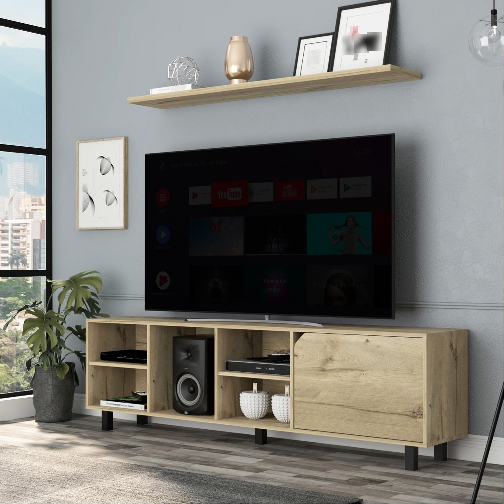 Beige TV Stand with Interior Cable Holes & 5 Open Spaces / Organized Storage for Tech - Walmart.com