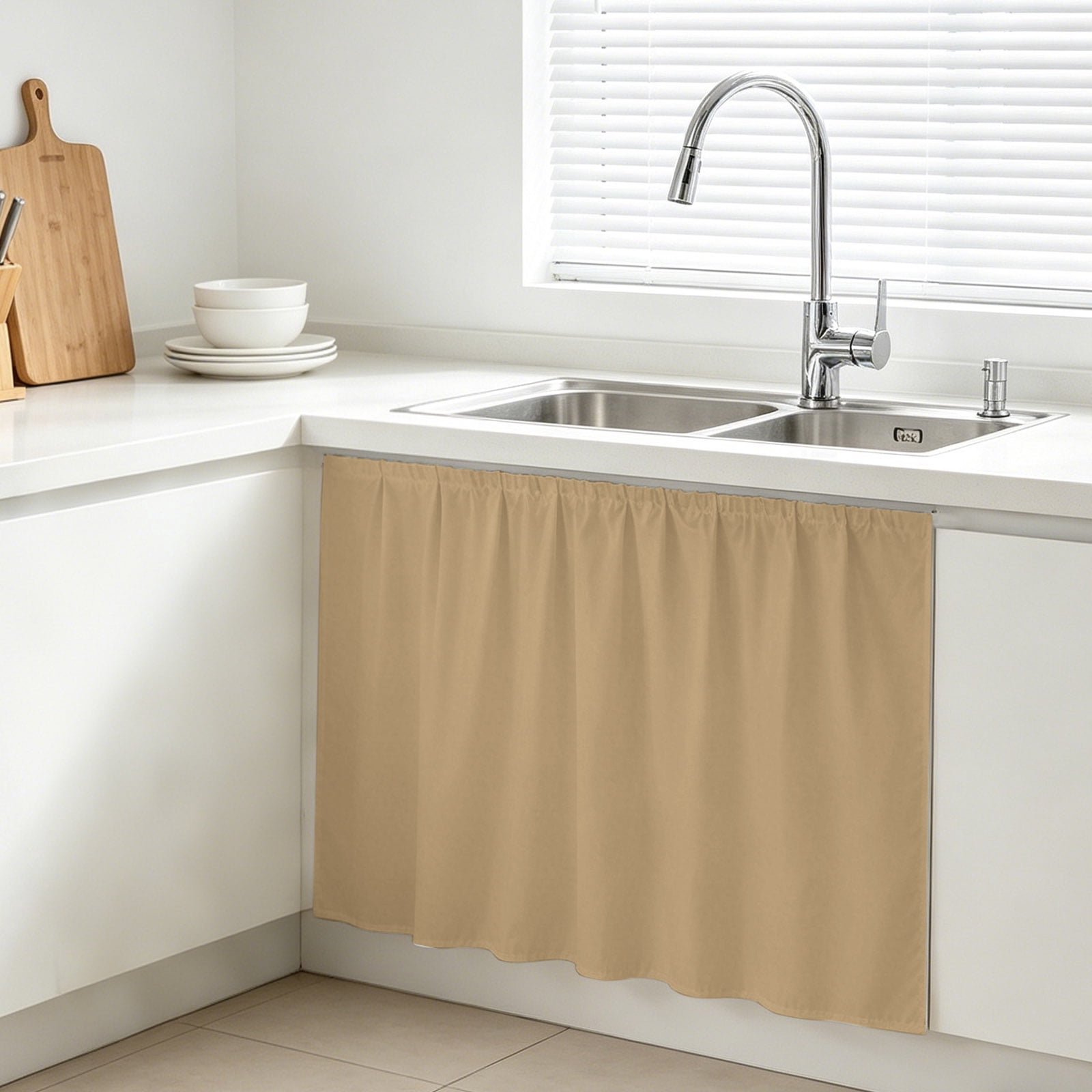 Beige Tan Cabinet Curtains for Kitchen 28"W x 35"L, Light Brown Solid ...