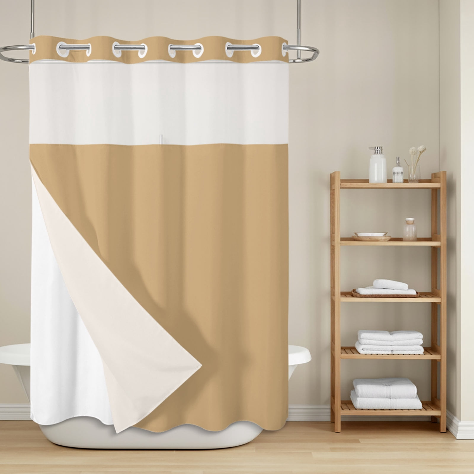 Beige Tan No Hook Shower Curtain with Snap in Liner, Light Brown Solid ...