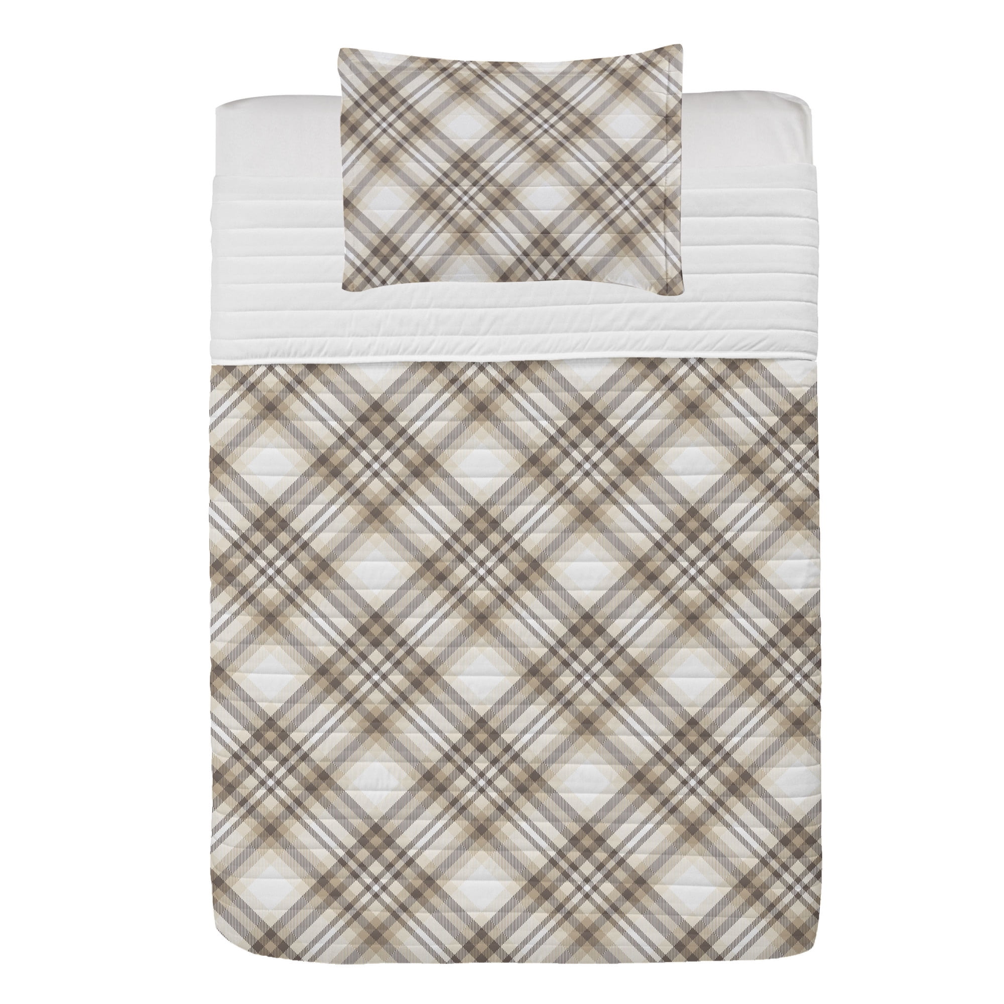 Beige Tan Microfiber Bedspread Set, Plaid Pattern in Pastel Nude Colors ...