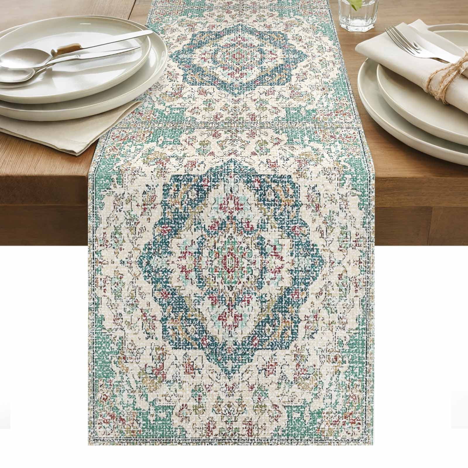 Beige Teal Boho Table Runner - 70 Inch Long, Kitchen Dining Table ...