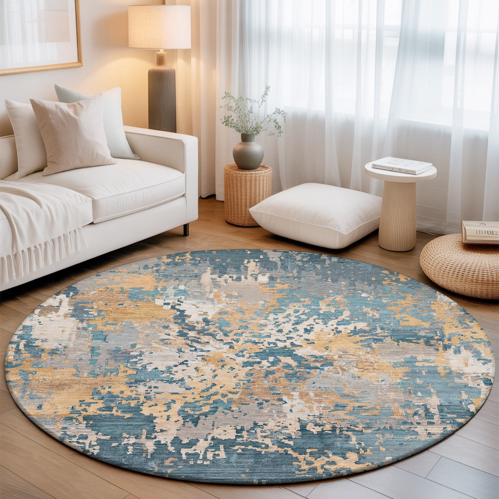 Beige Teal Copper Rust Round Living Room Rugs 5 ft, Abstract Vintage ...