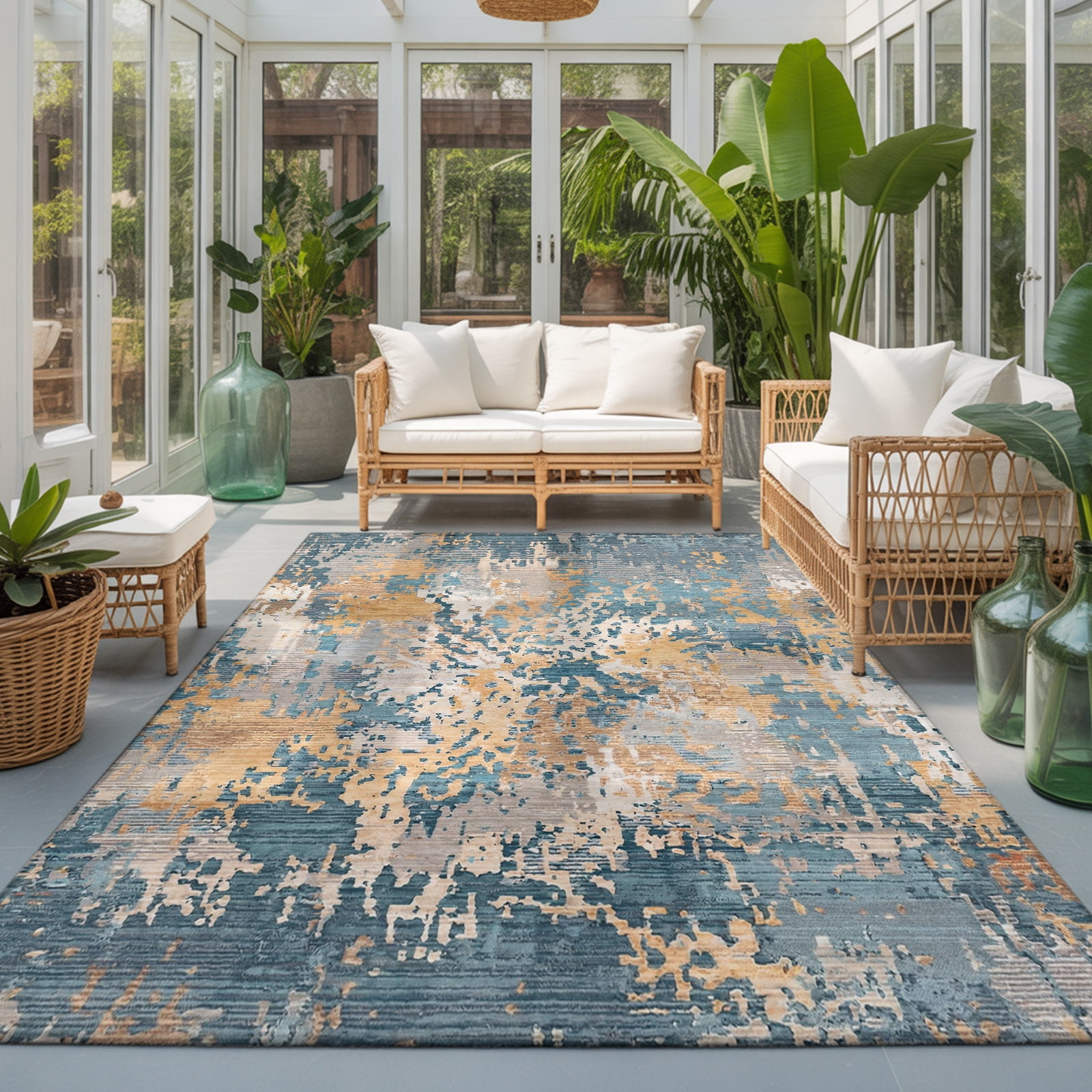 Beige Teal Copper Rust Washable Area Rugs 4'x6', Abstract Vintage ...