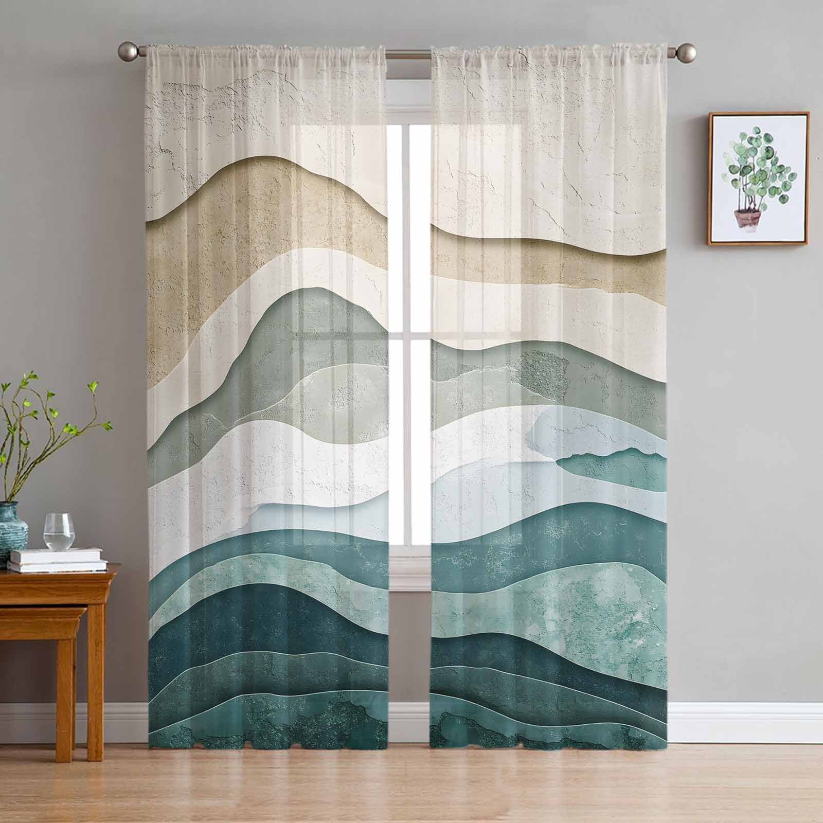 Beige Teal Ombre Sheer Curtains 84 Inches Long 2 Panels Set, Window ...