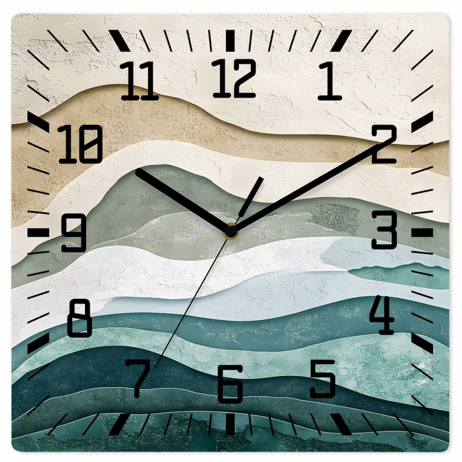 Beige Teal Ombre Wooden Wall Clock Silent Non Ticking, Modern Geometric ...