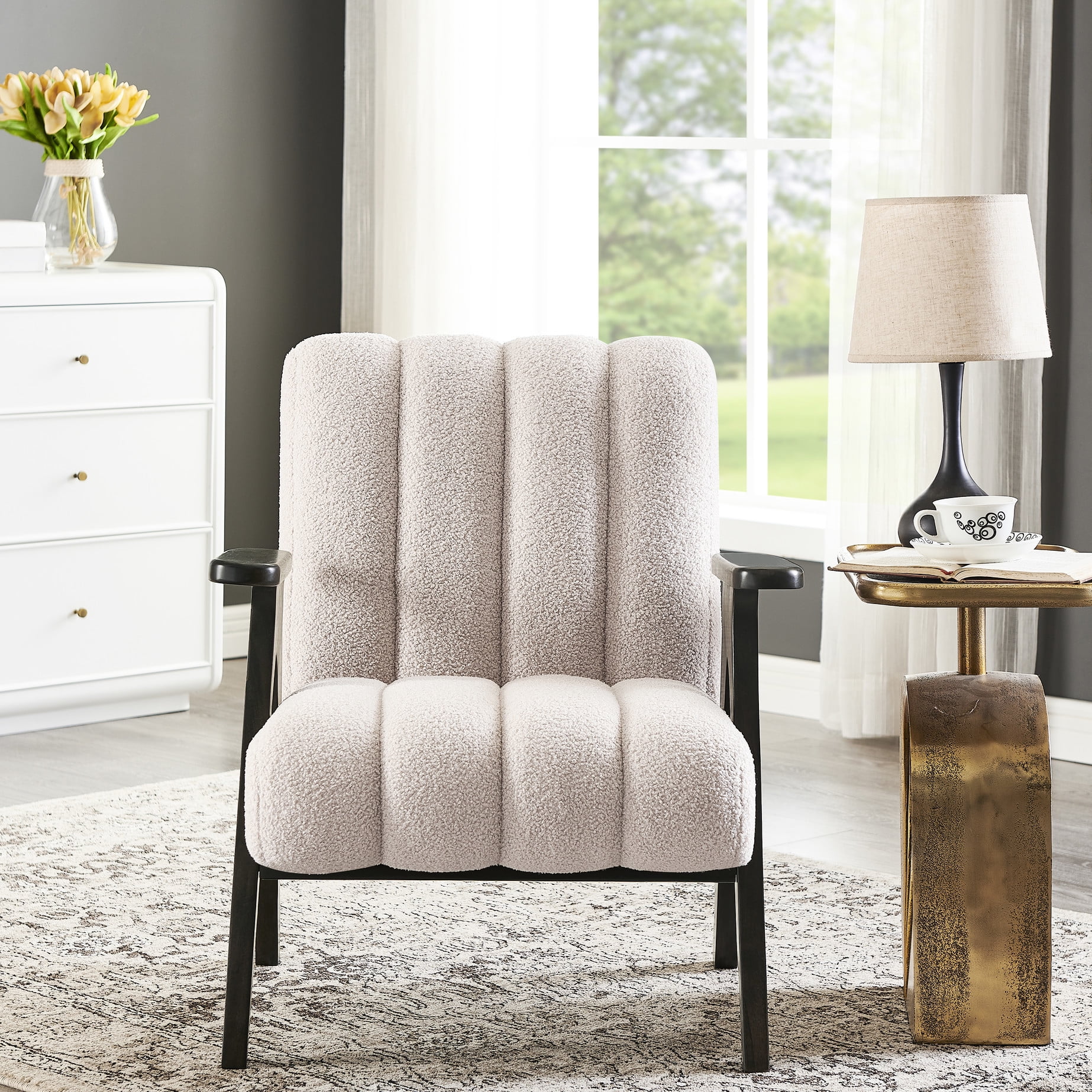 Beige Teddy Sherpa Accent Chair with Espresso Wood / Cozy Seating for ...