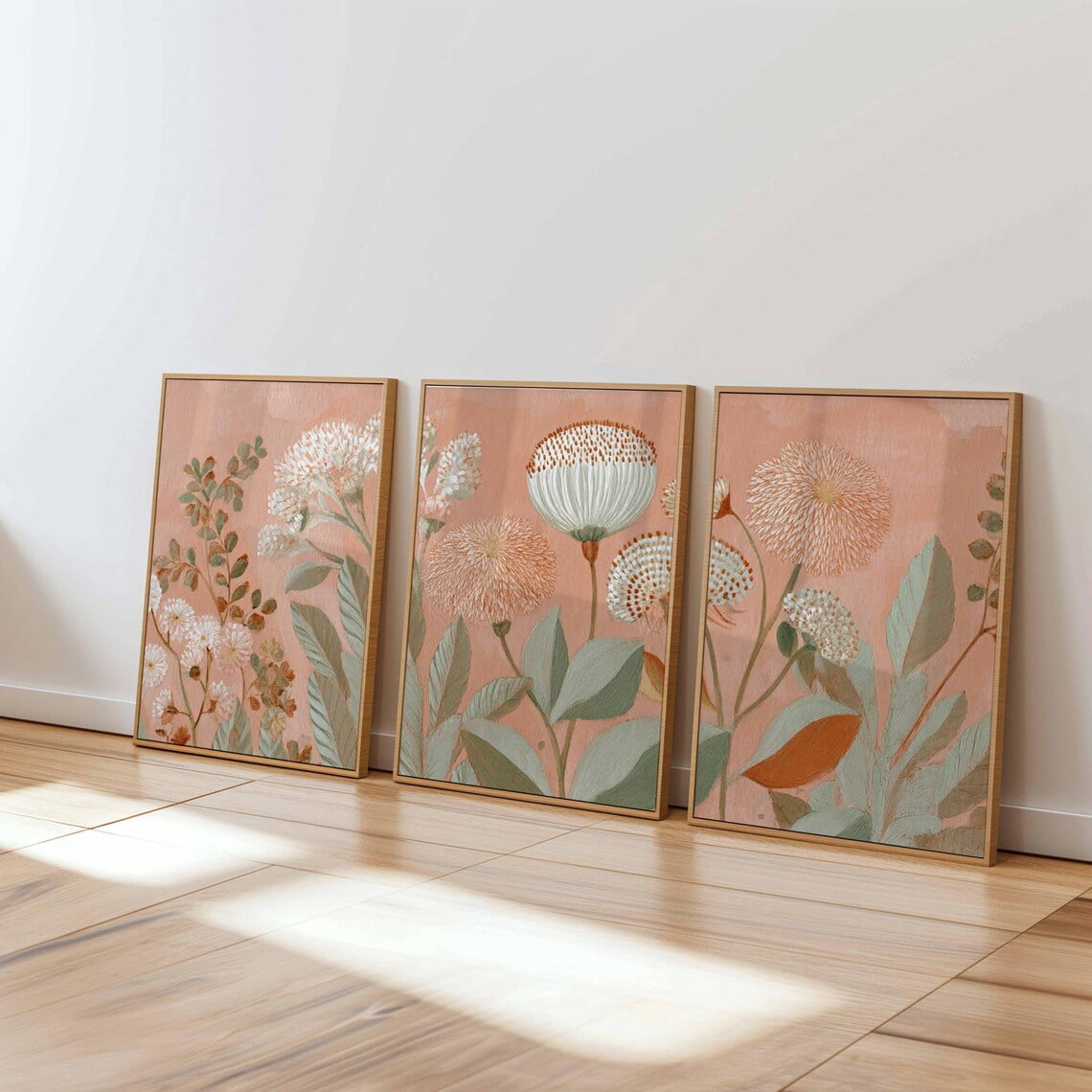 Beige Terracotta Floral Modern Botanical Wall Art Set 3 Unframed Paper ...