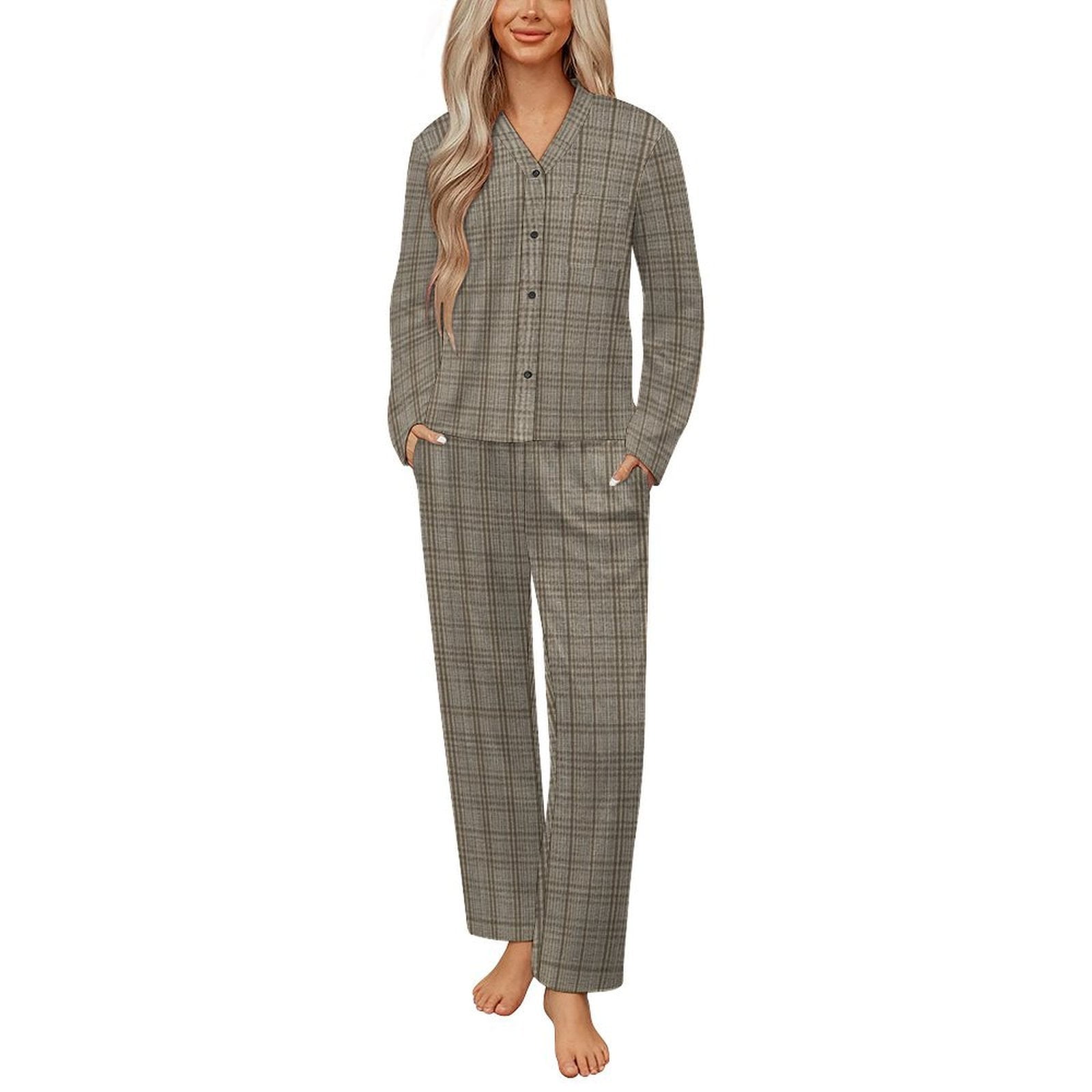 Beige Textured Fabric Pattern Womens Pyjamas Set Button Up Pyjamas ...