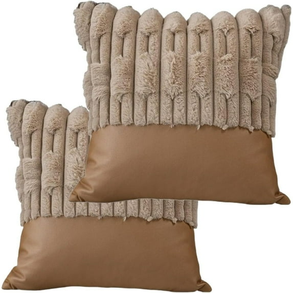 Beige Textured Stripe Patch Pillow Covers 2-Pack – 18×18 Inch Faux ...