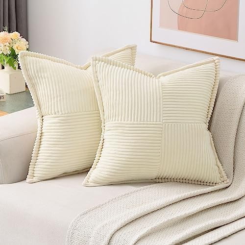 Beige Throw Pillow Covers 18x18 Inch Set of 2,Soft Solid Corduroy ...