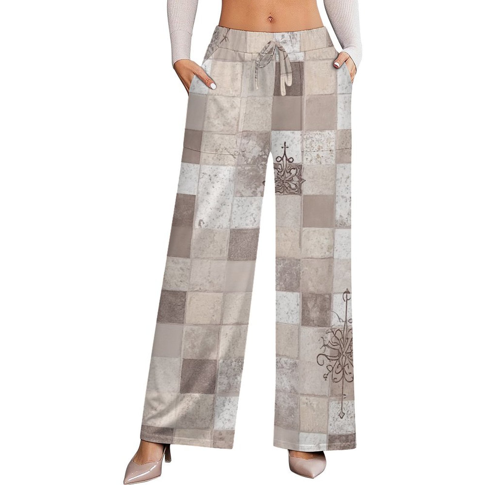 Beige Tile Patterned Wallpaper Women's Casual Wide Leg Pants Comfort ...