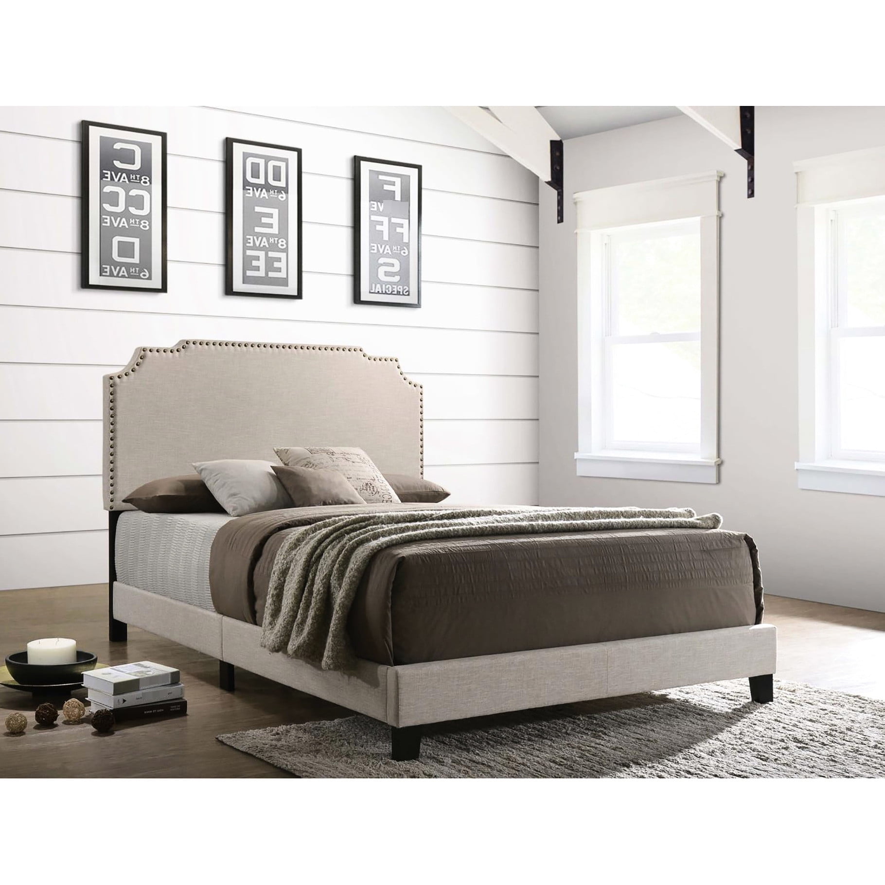Beige Transitional Bed with Nailhead Trim | Timeless Design & Soothing ...