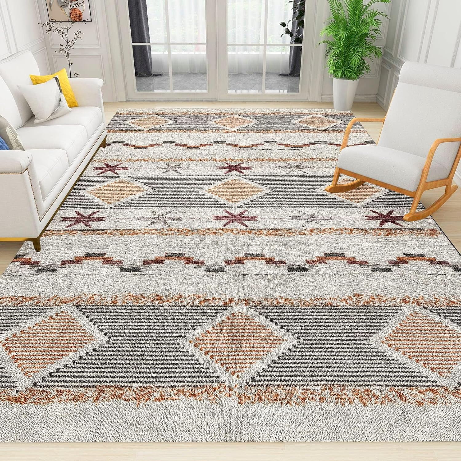 Beige Tribal Print Accent Area Rug,Boho Distressed Print Rugs, Indoor ...