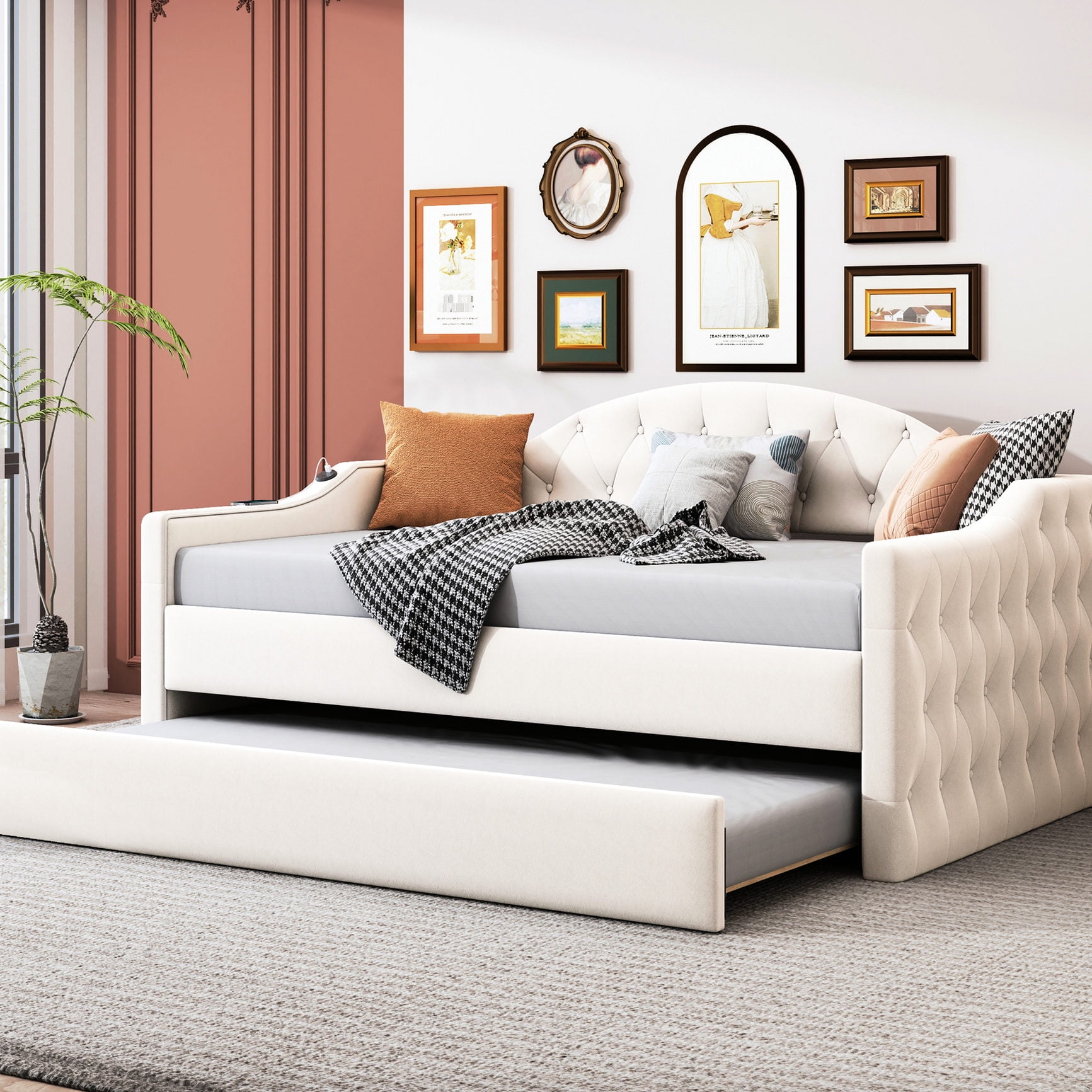 Beige Tufted Daybed - Pull-Out Trundle, High Stability, USB&Type-C ...
