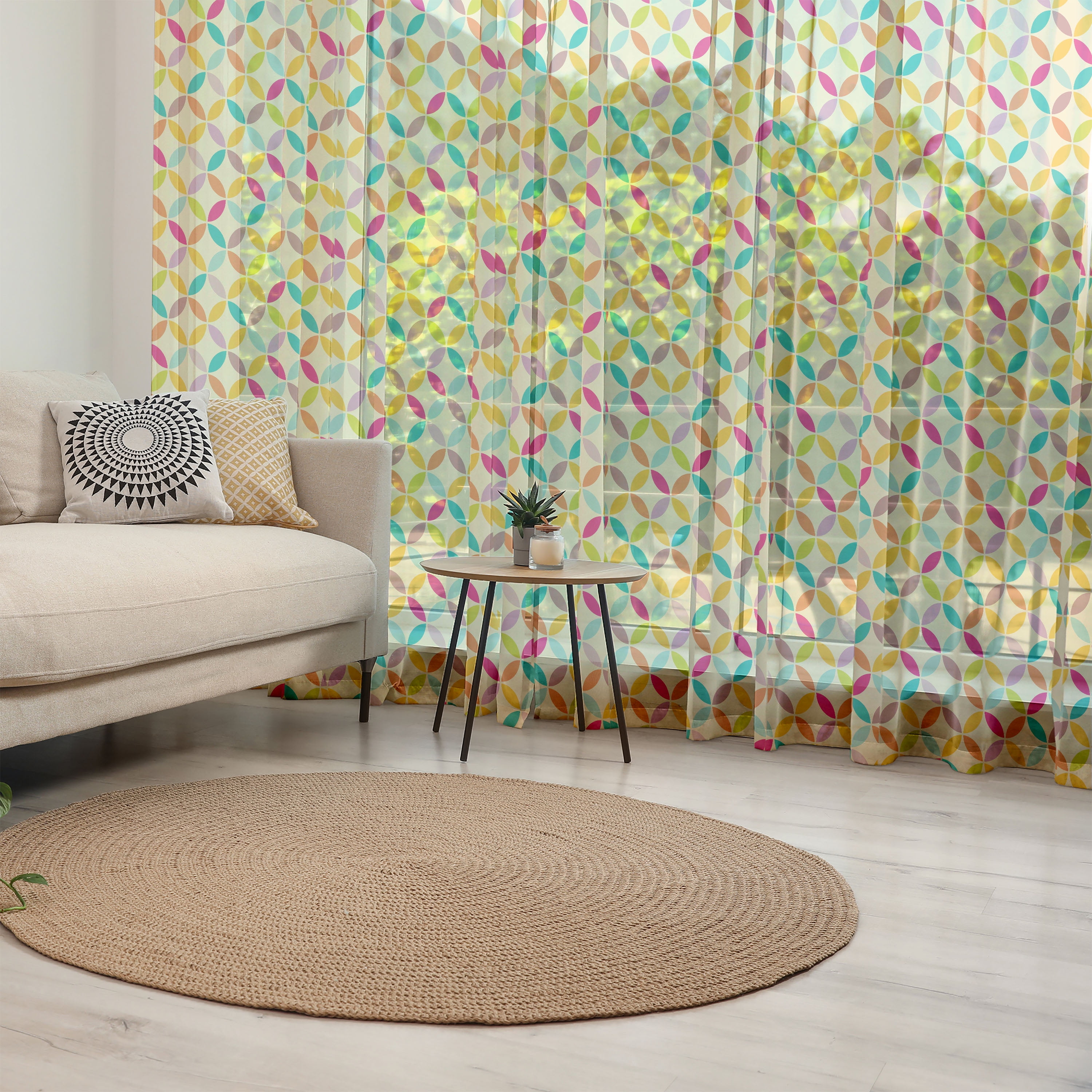 Beige Tulle Curtains with Rod Pocket, Vintage Colorful Flower of Life ...