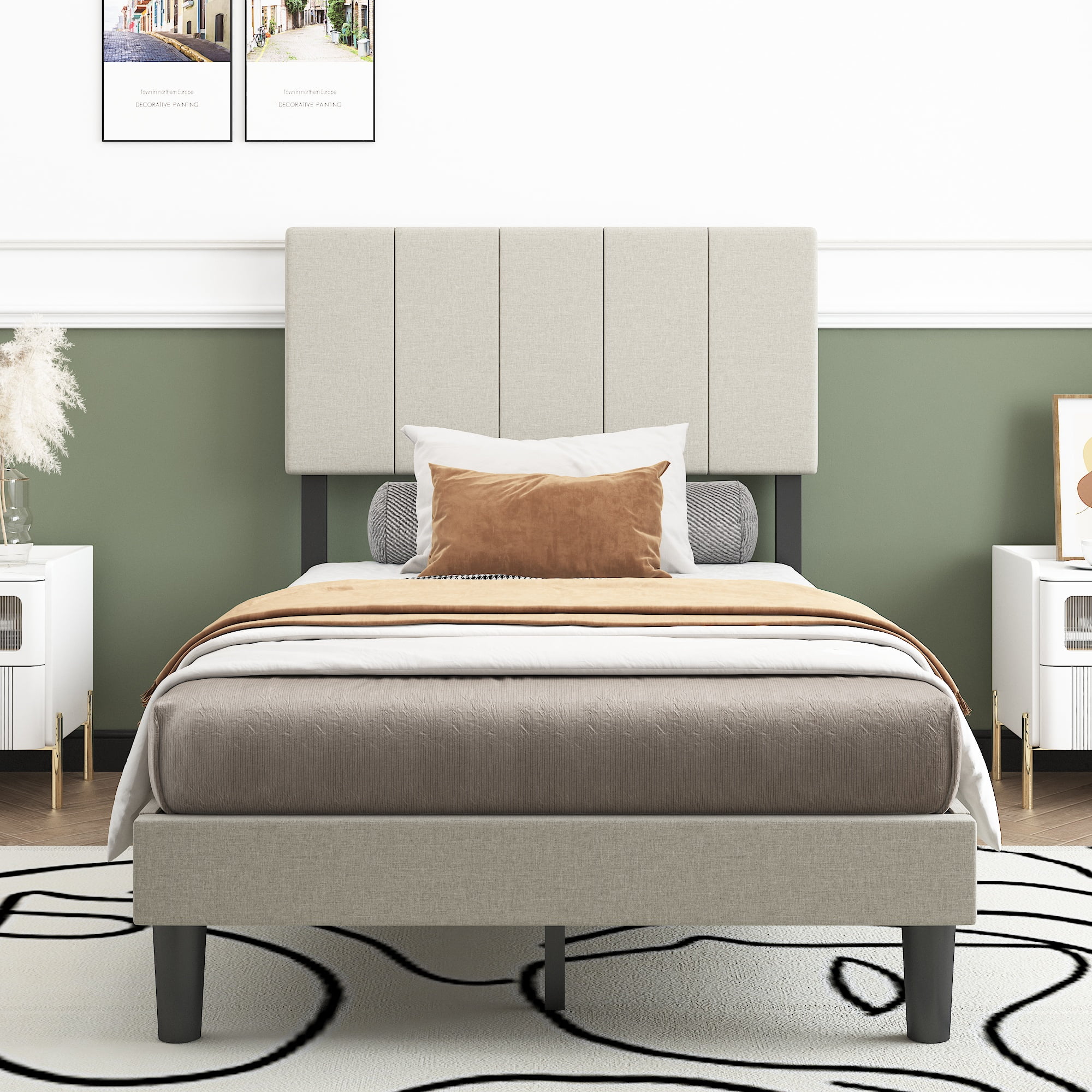 Beige Twin Bed Frame for Adults Kids, Modern Upholstered Platform Bed ...