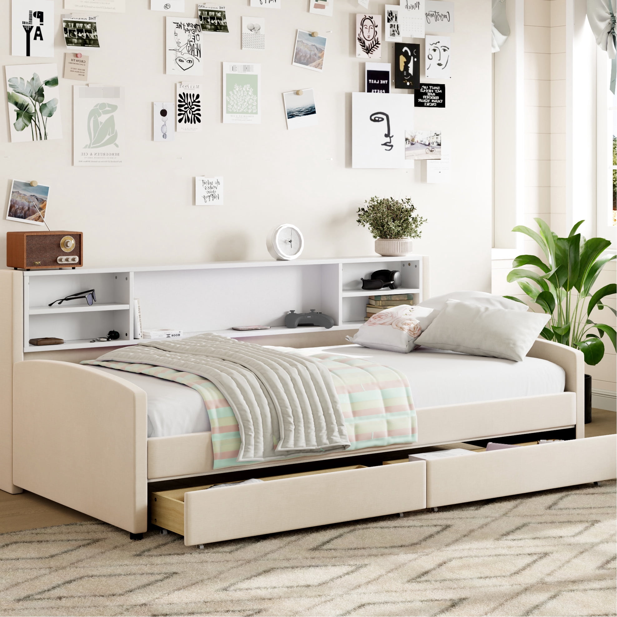 Beige Twin Bed With Upholstered Platform And Built-in Cabinet - Velvet ...