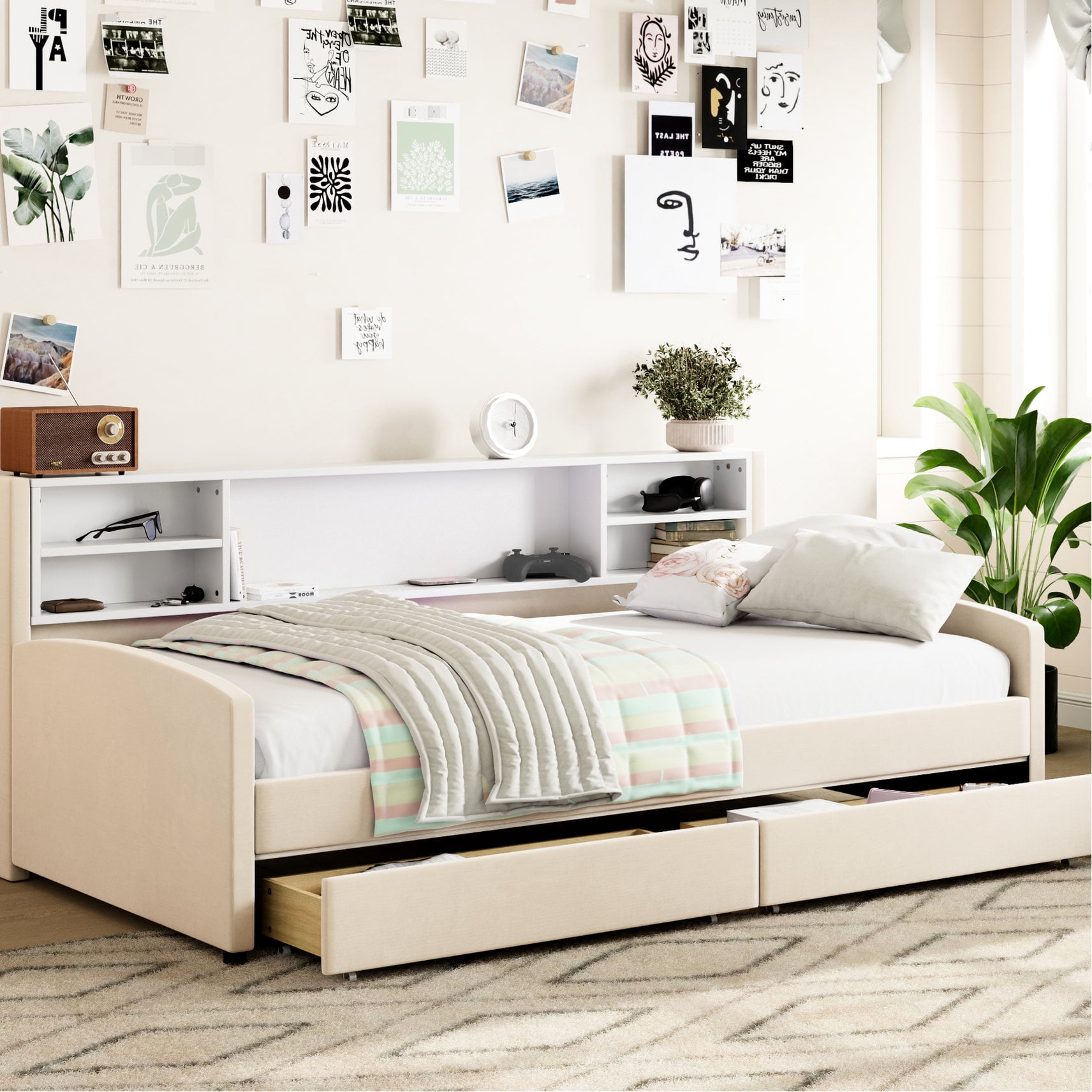 Beige Twin Bed with Smooth-Rolling Drawers / Keep Room Tidy with Easy ...