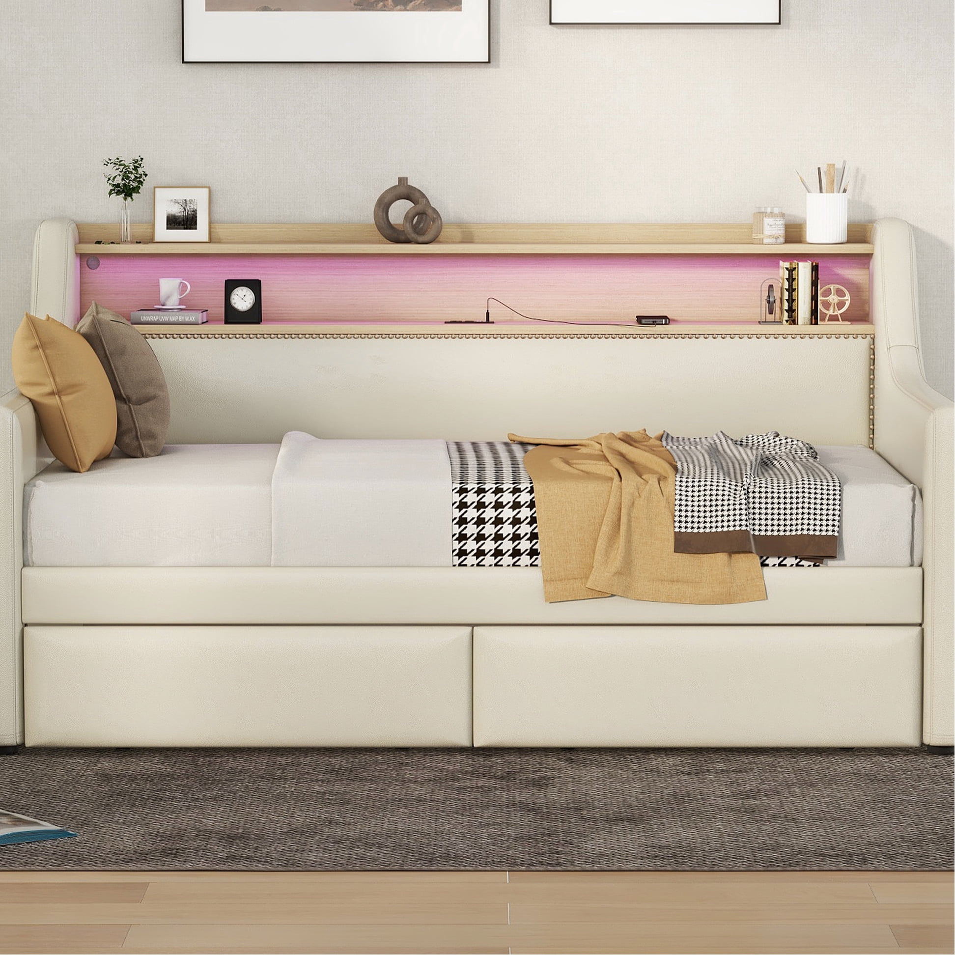 Beige Twin Size Daybed With Headboard Storage Area, Charging Outlet And ...