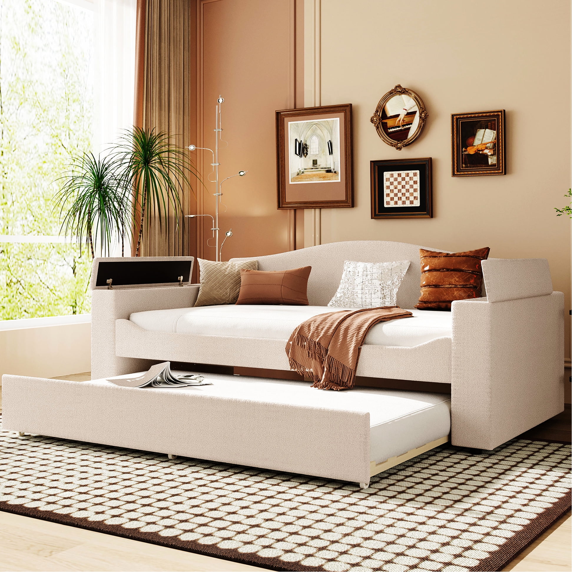Beige Twin Size Daybed With Storage And Trundle, Audio For Comfortable ...