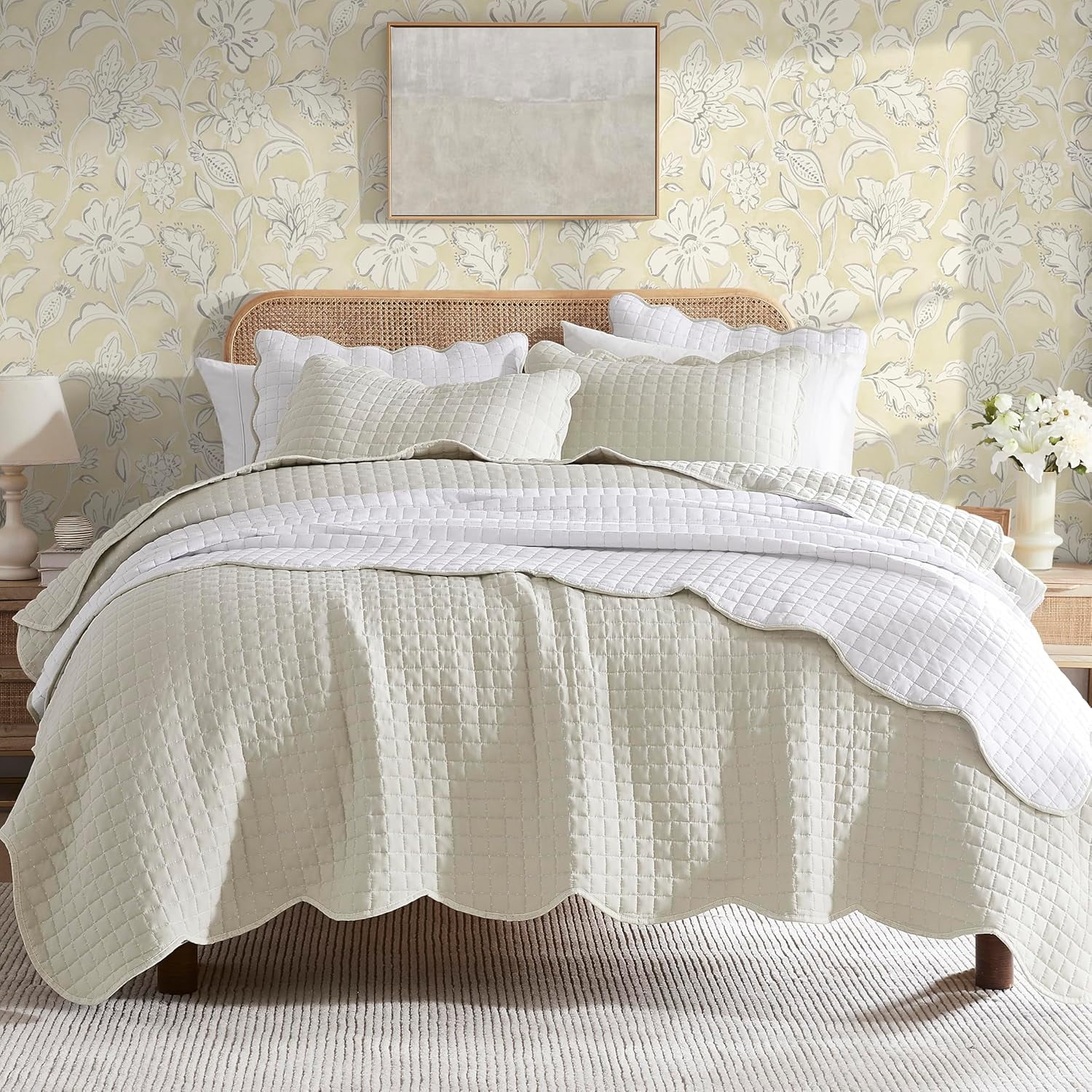 Beige Twin Size Quilt Bedding Set, Neutral Scalloped Farmhouse Country ...