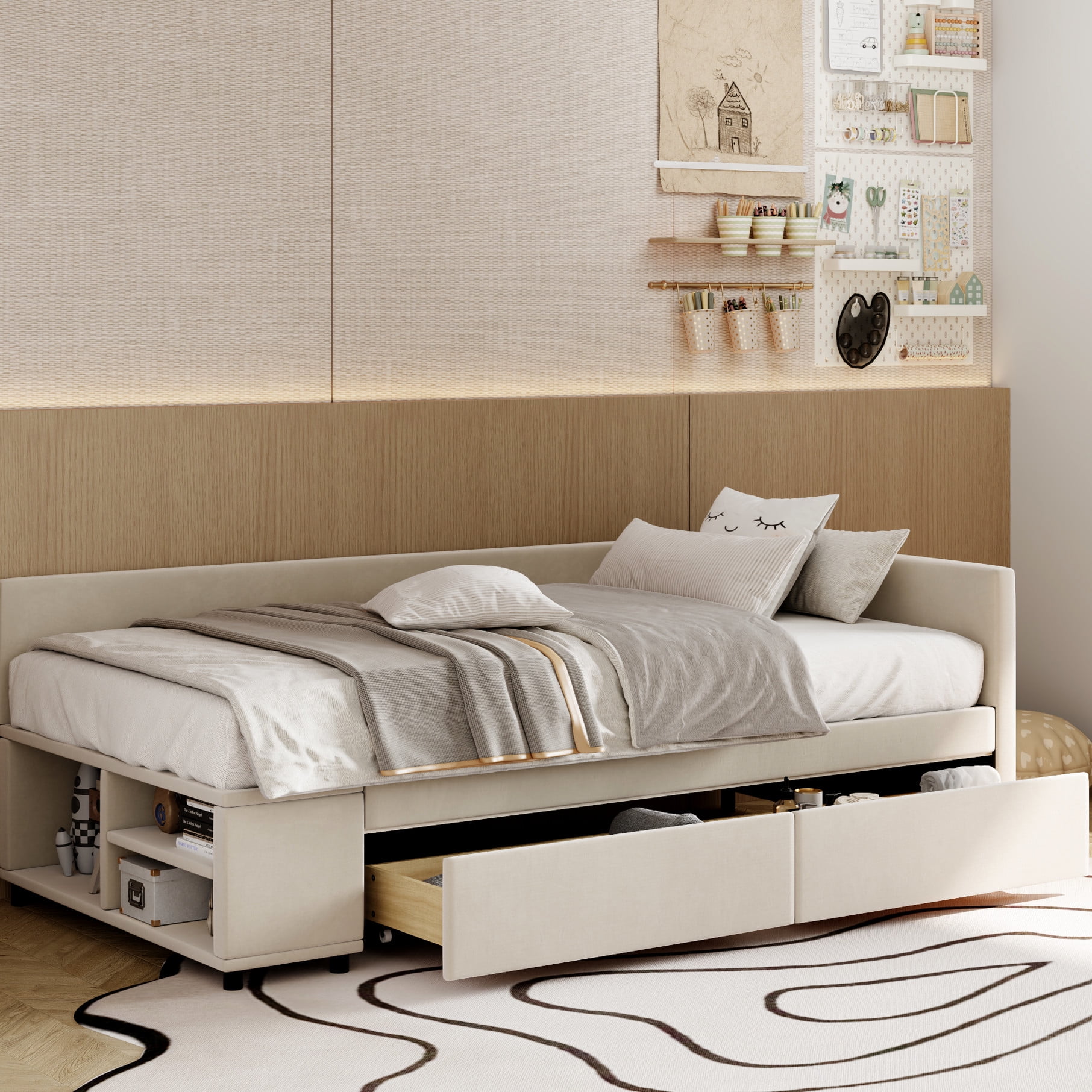 Beige Twin Upholstered Platform Bed With Integrated Storage And Drawers ...