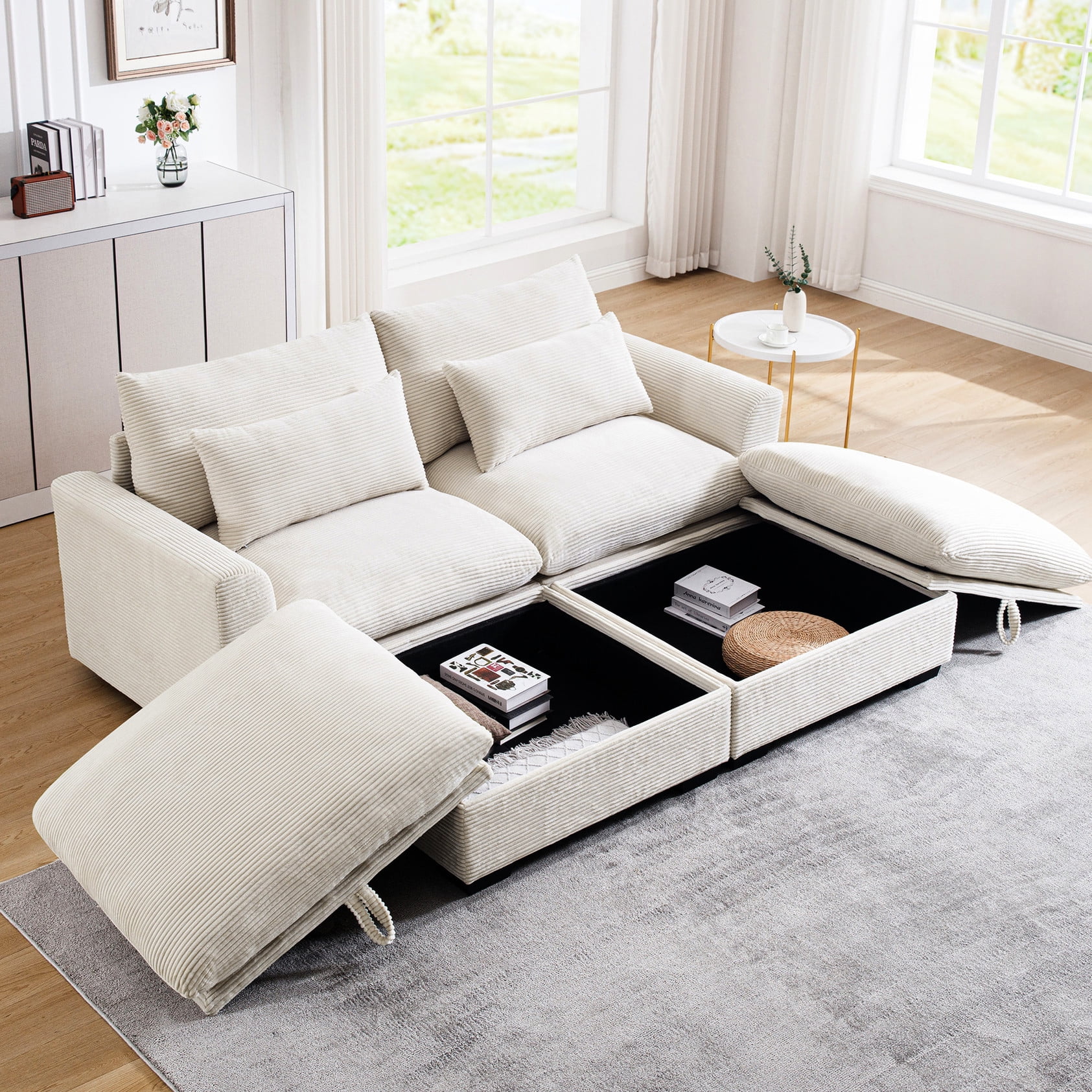 Beige Two-Seater Sofa in Corduroy / Modular Design for Various ...