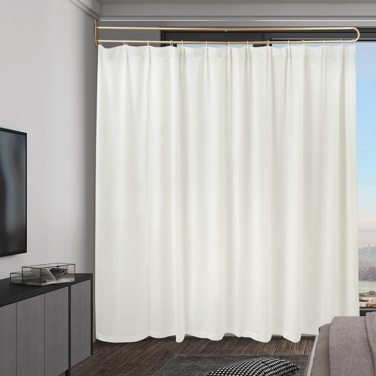Beige U-Shape Privacy Partition Curtains for Room Divider, 6.56ft Metal ...