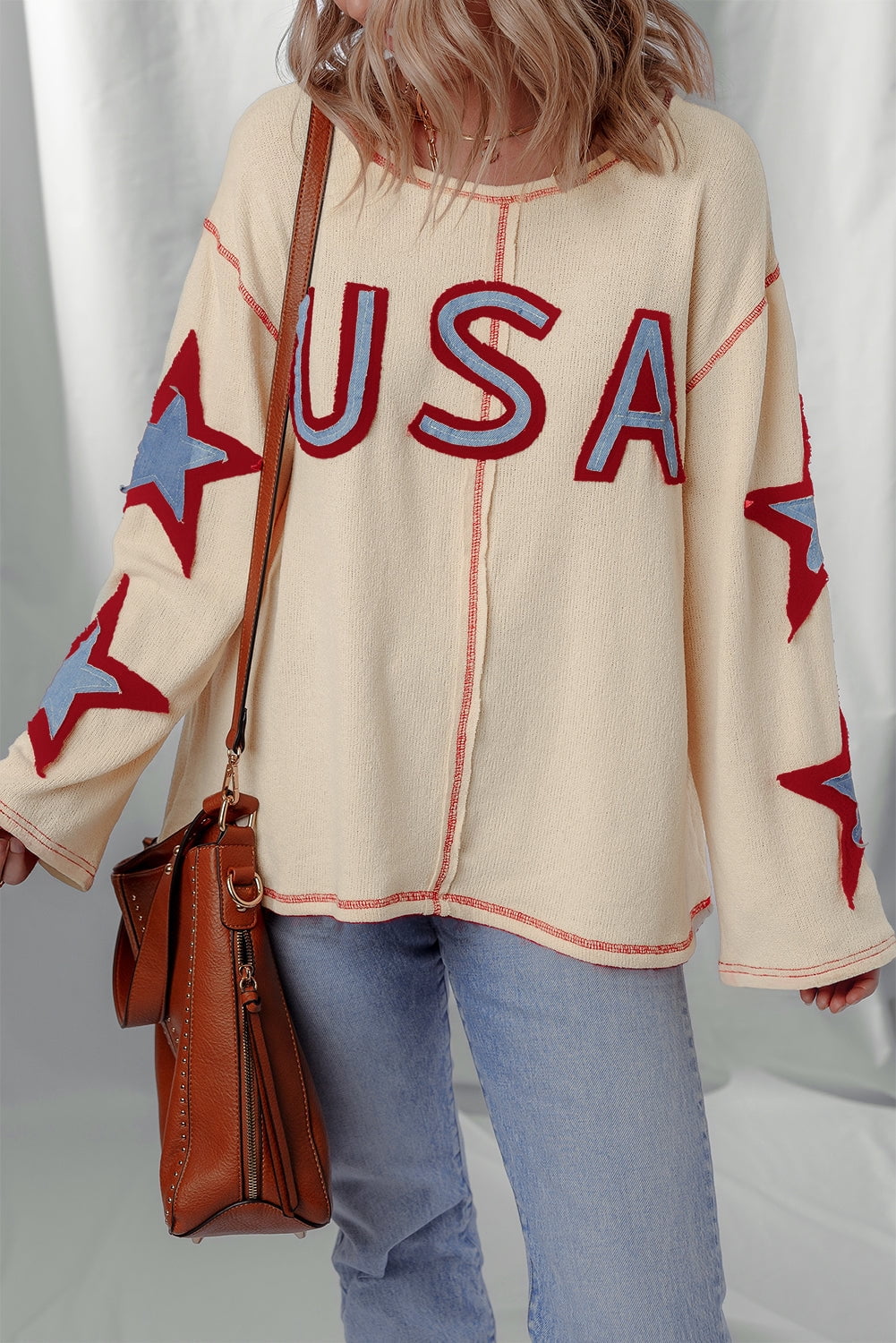 Beige USA Star Contrast Patchwork Exposed Seam Long Sleeve Top ...