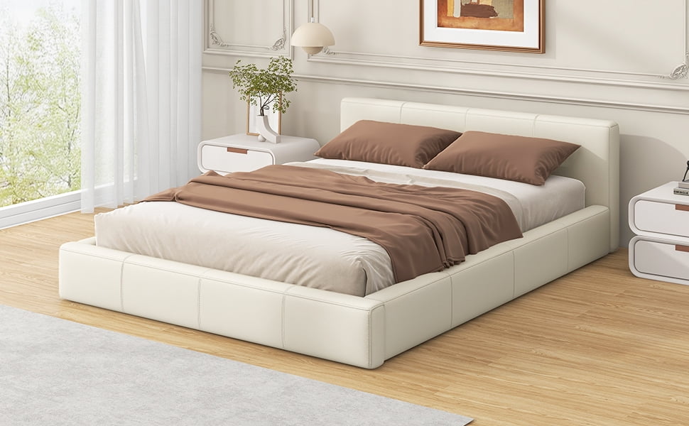Beige Upholstered Bed Frame - Full Size, Faux Leather, Modern Bedroom ...