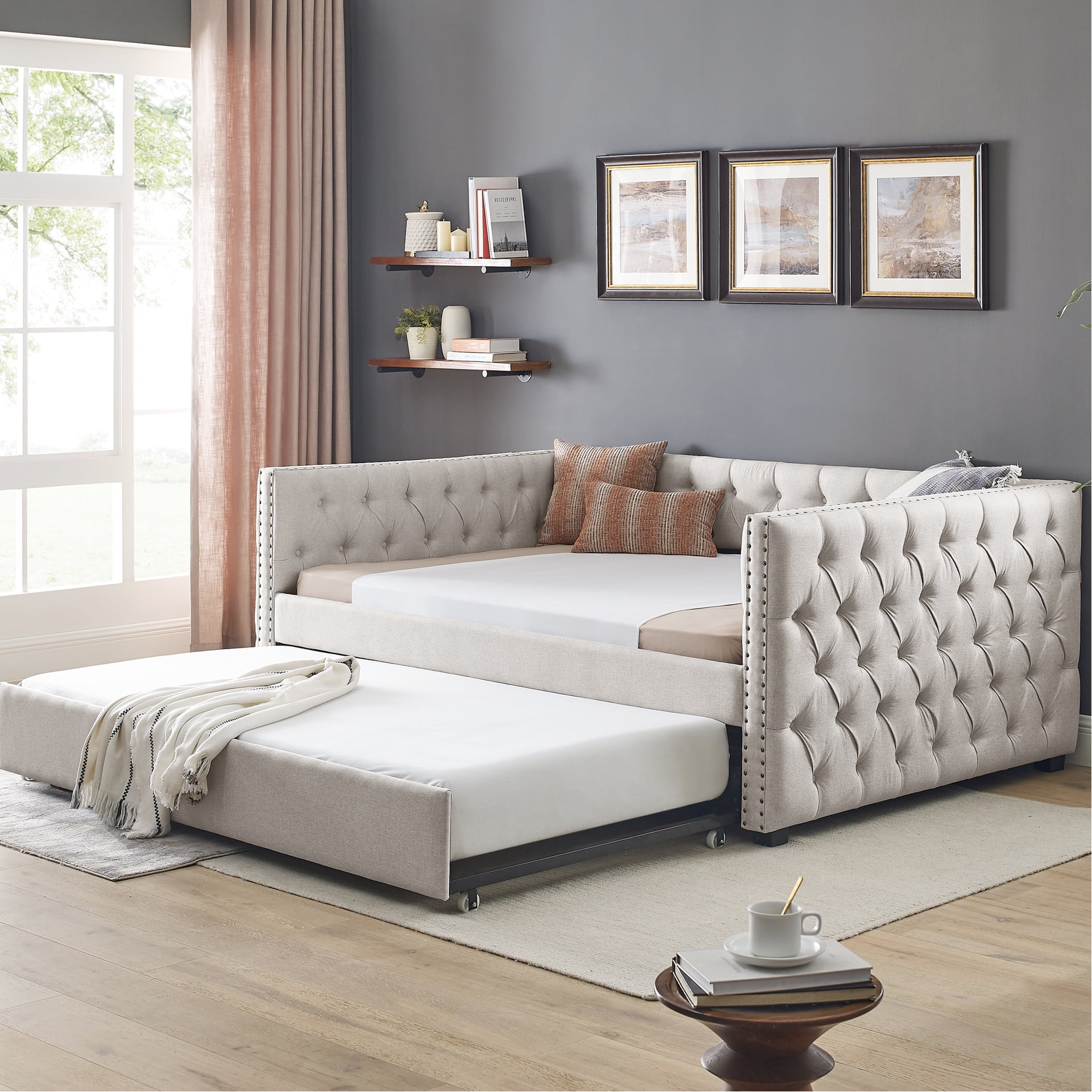 Beige Upholstered Daybed With Trundle, Chic Design For Modern Homes Bed Easy Pull-out Trundle ...