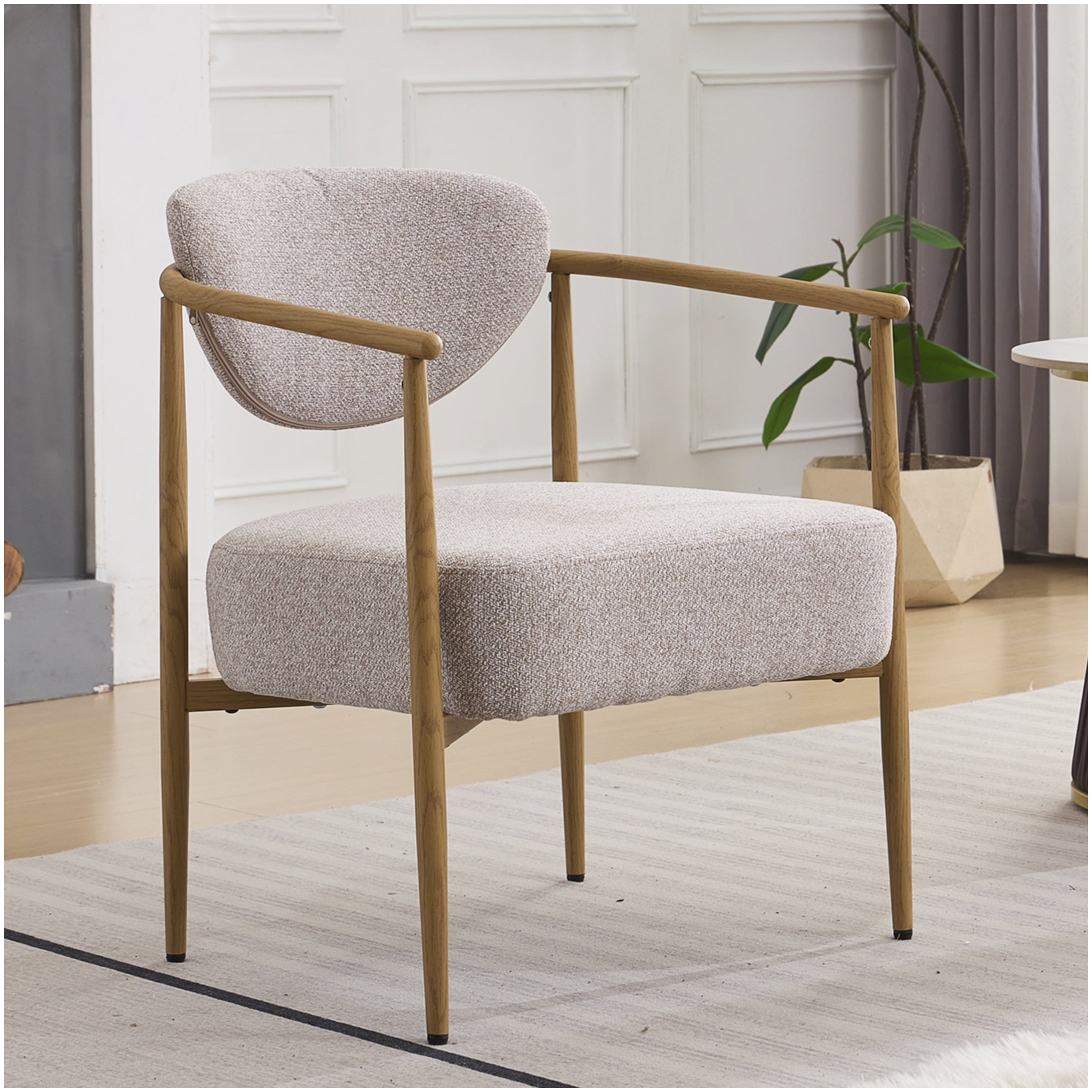 Beige Upholstered Dining Chair with Cushioned Seat - Metal Frame in ...