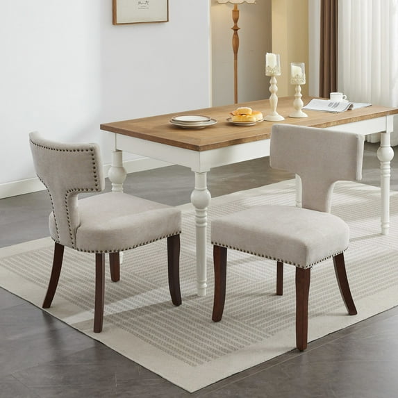 Beige Upholstered Dining Chairs Set of 2, Solid Wood Frame - Walmart.com