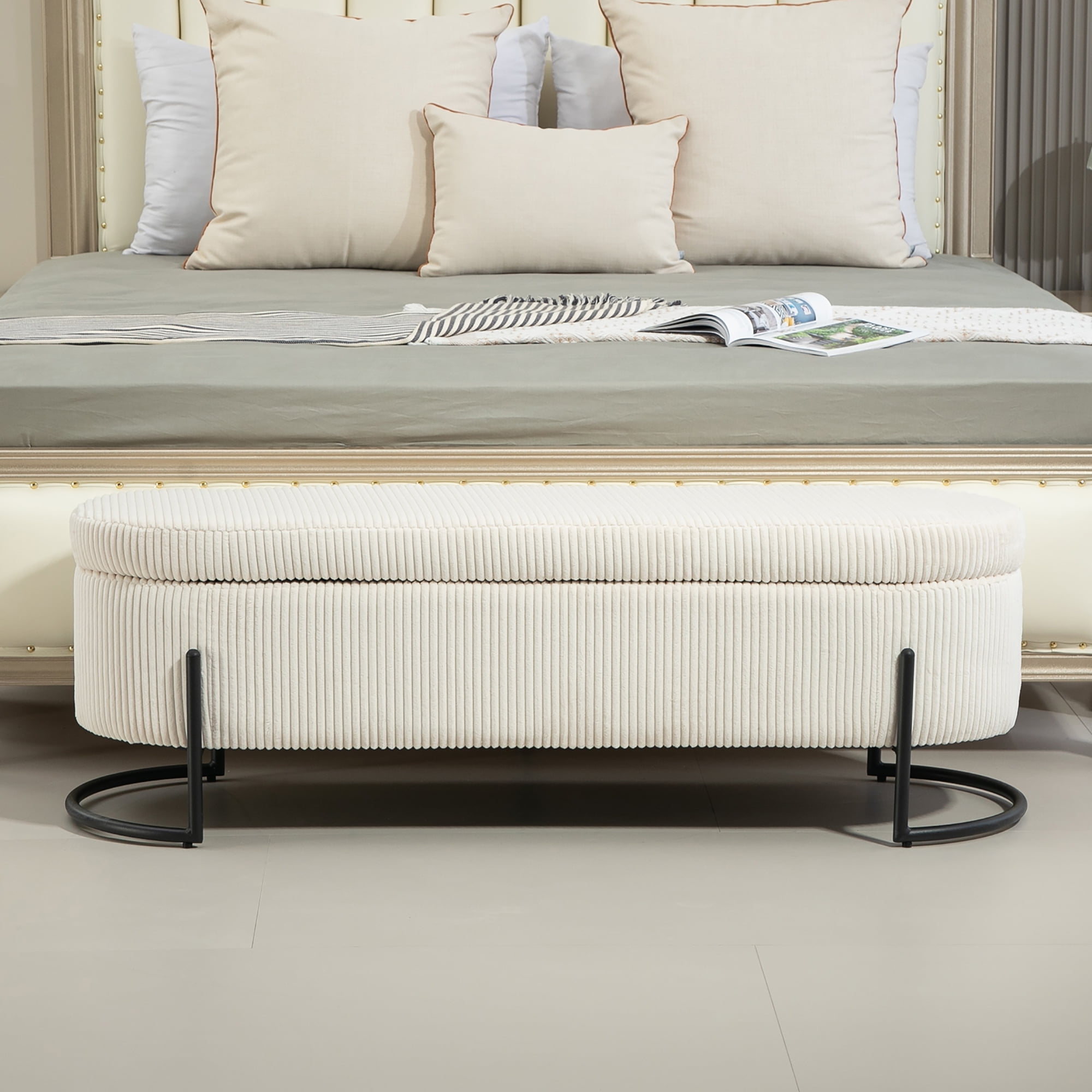 Beige Upholstered Fabric Storage Ottoman with Safety Hinge: Versatile ...