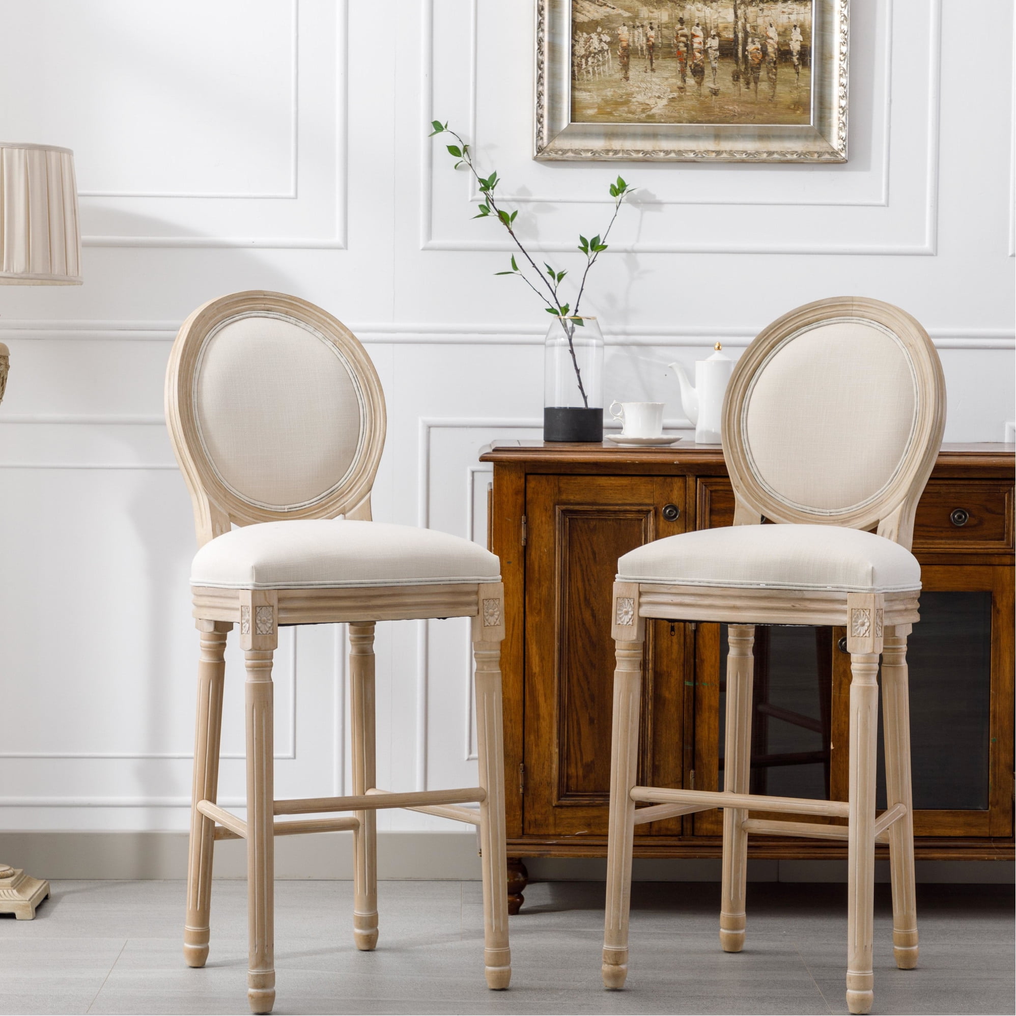 Beige Upholstered French Country Bar Chairs - Solid Wood Construction ...