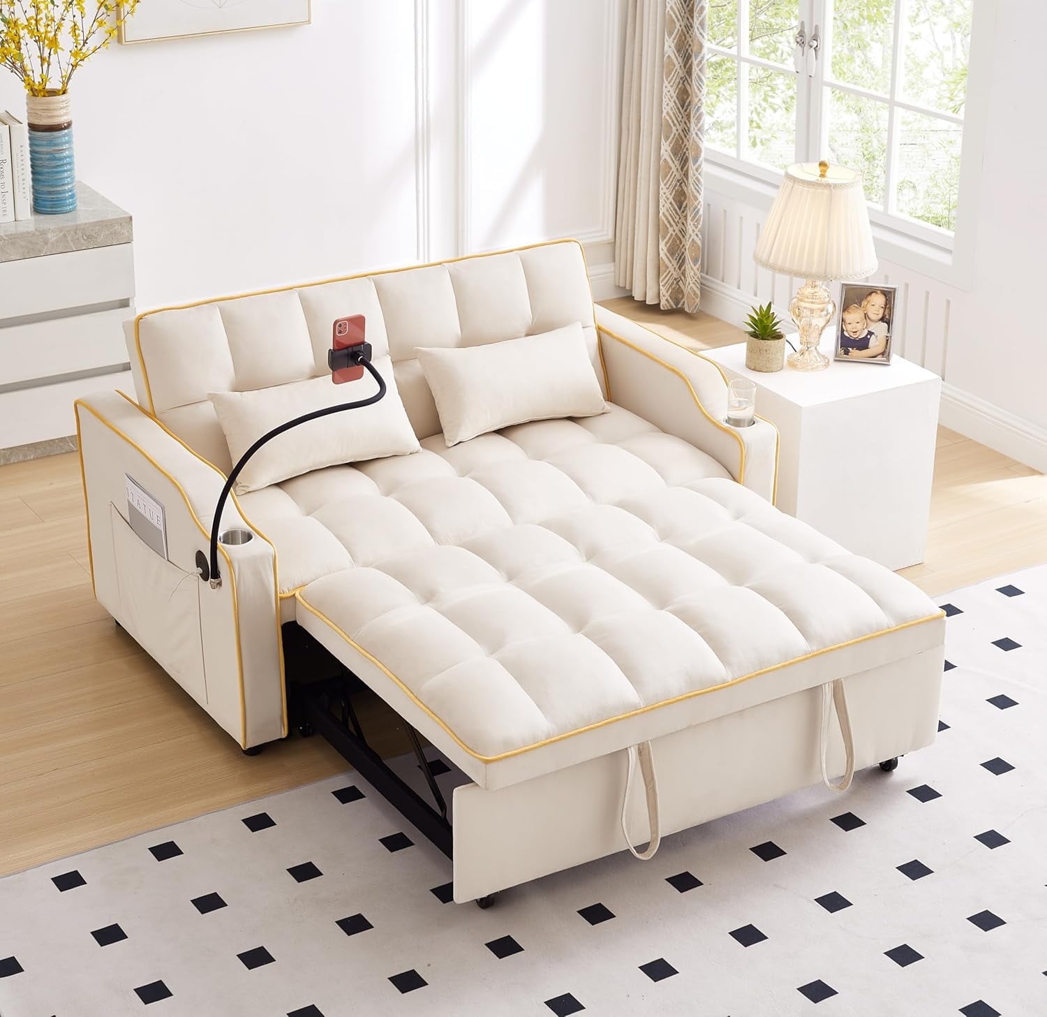 Beige Upholstered Futon Couch Bed with USB Charging & Adjustable ...