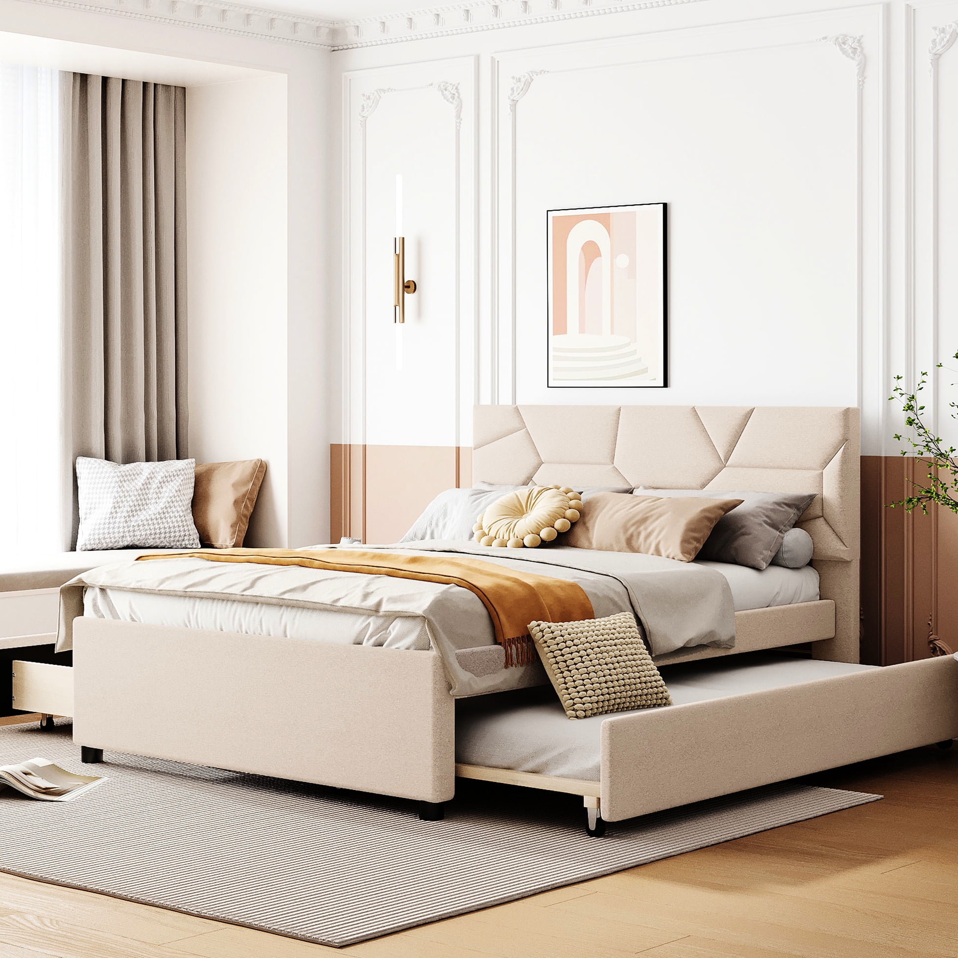 Beige Upholstered Platform Bed With Brick Style Headboard, Twin Size ...