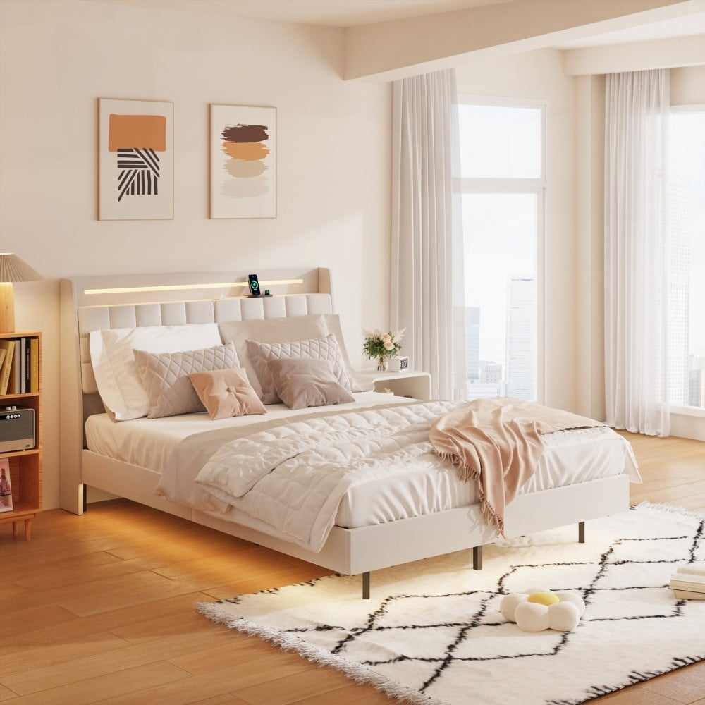Beige Upholstered Platform Bed Frame - Queen Size - LED & Charging ...