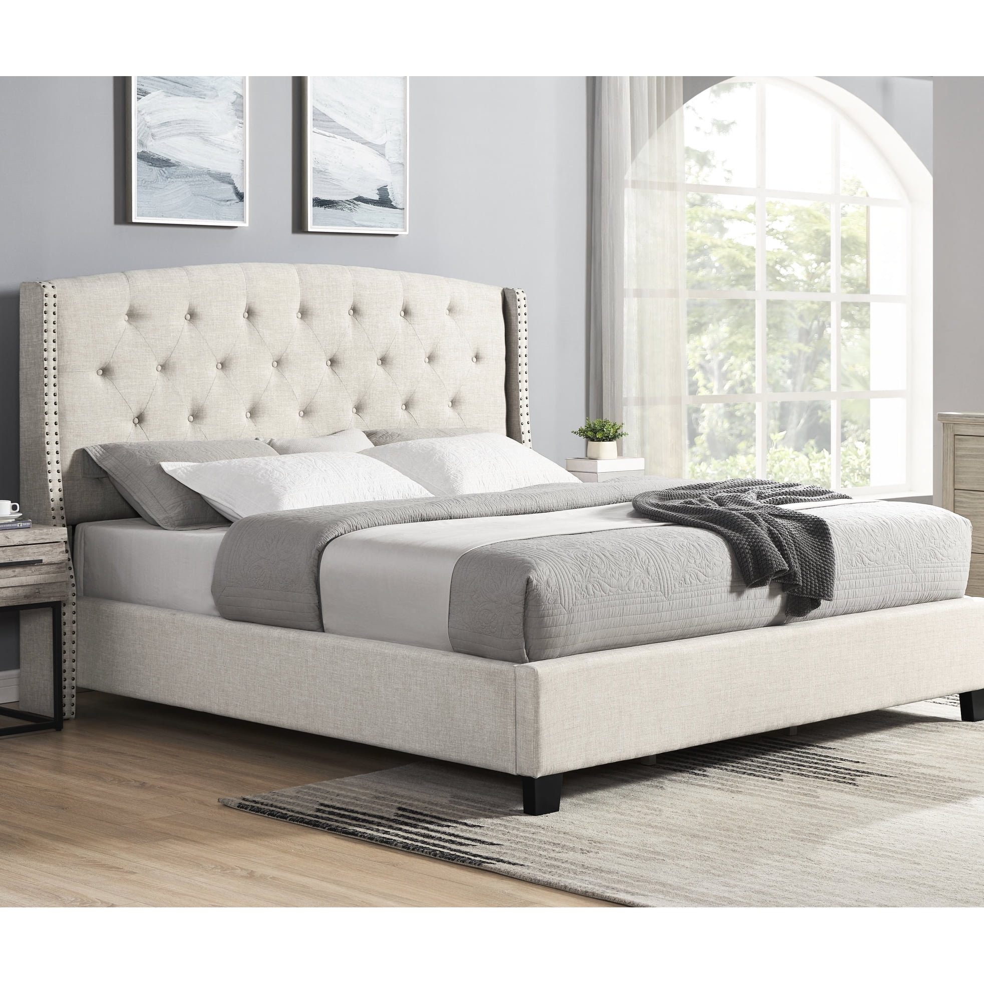 Beige Upholstered Queen Bed With Buttons And Metal Trim - Modern ...