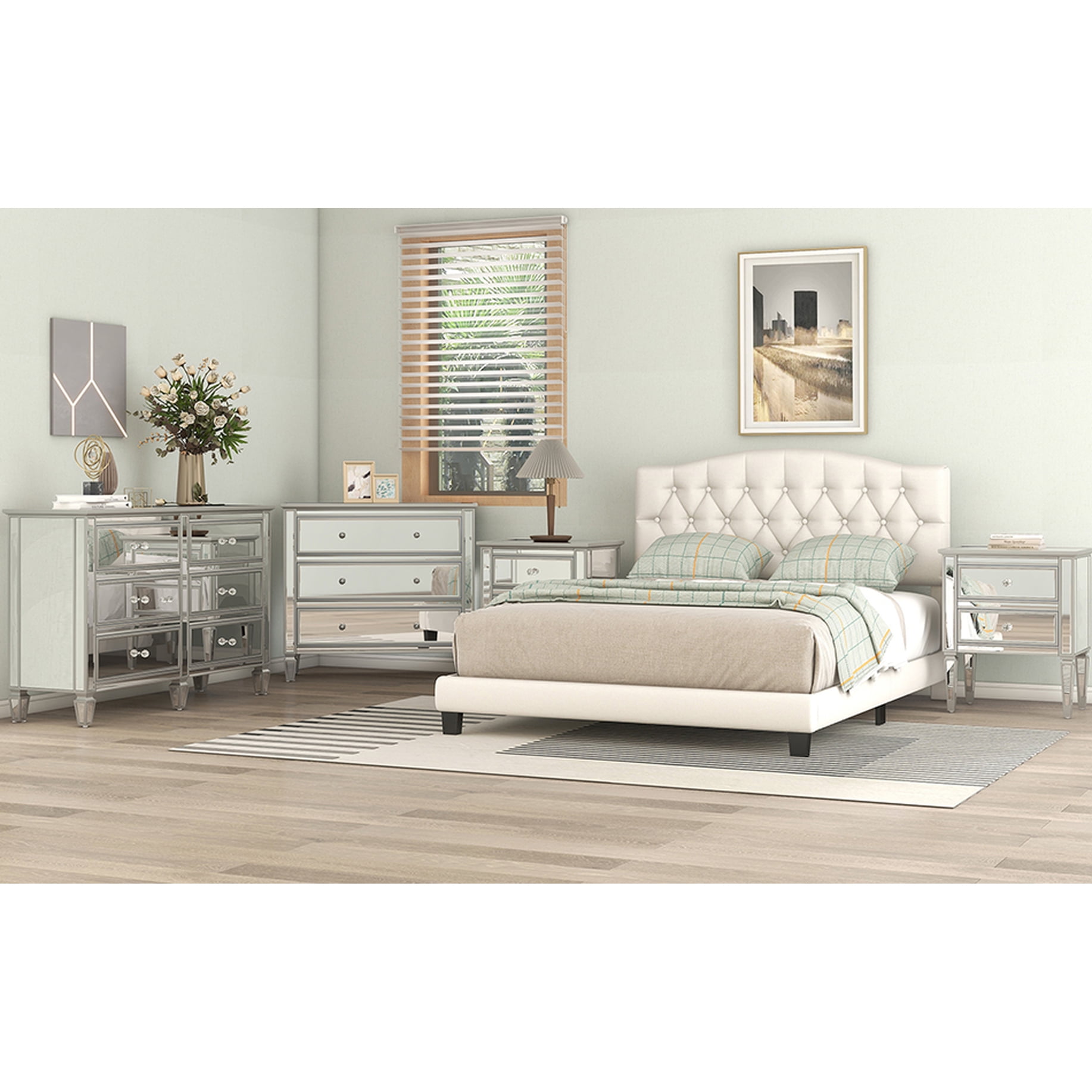 Beige Upholstered Queen Platform Bed With Graceful Curved Headboard And ...