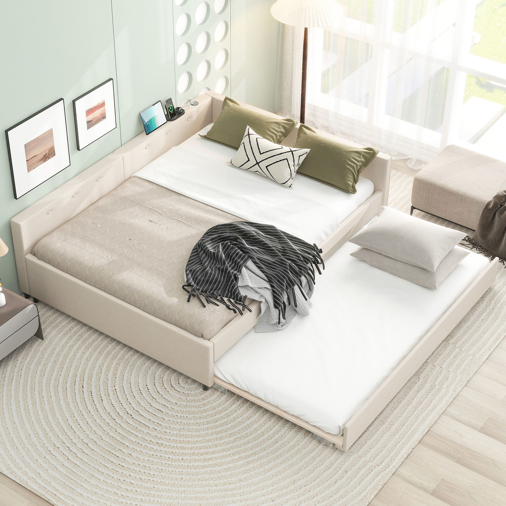 Beige Upholstered Queen Platform Bed with USB and Twin Trundle | Wood ...